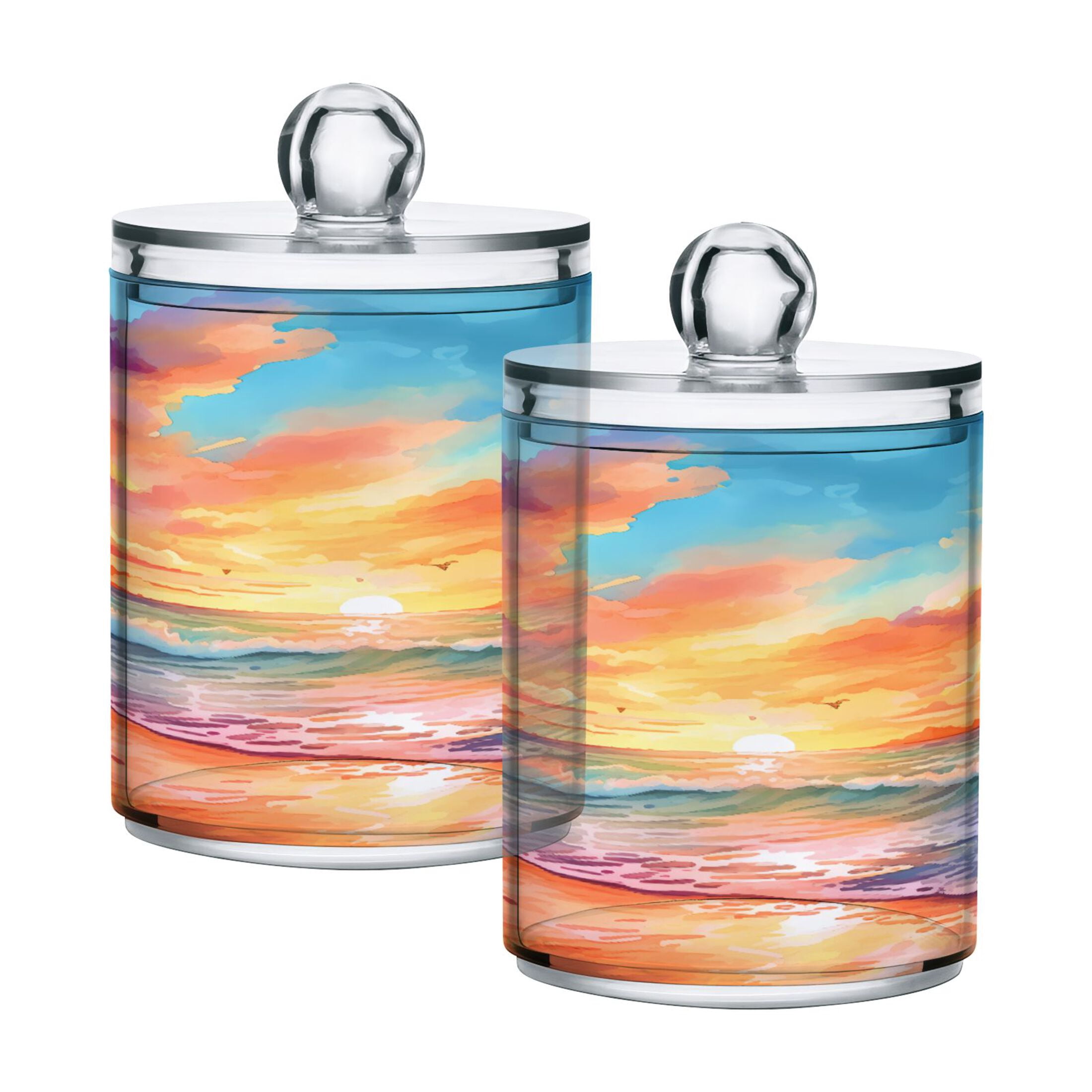 2 Pack Qtip Holder Dispenser Sunset Beach Wave Clear Plastic Storage ...