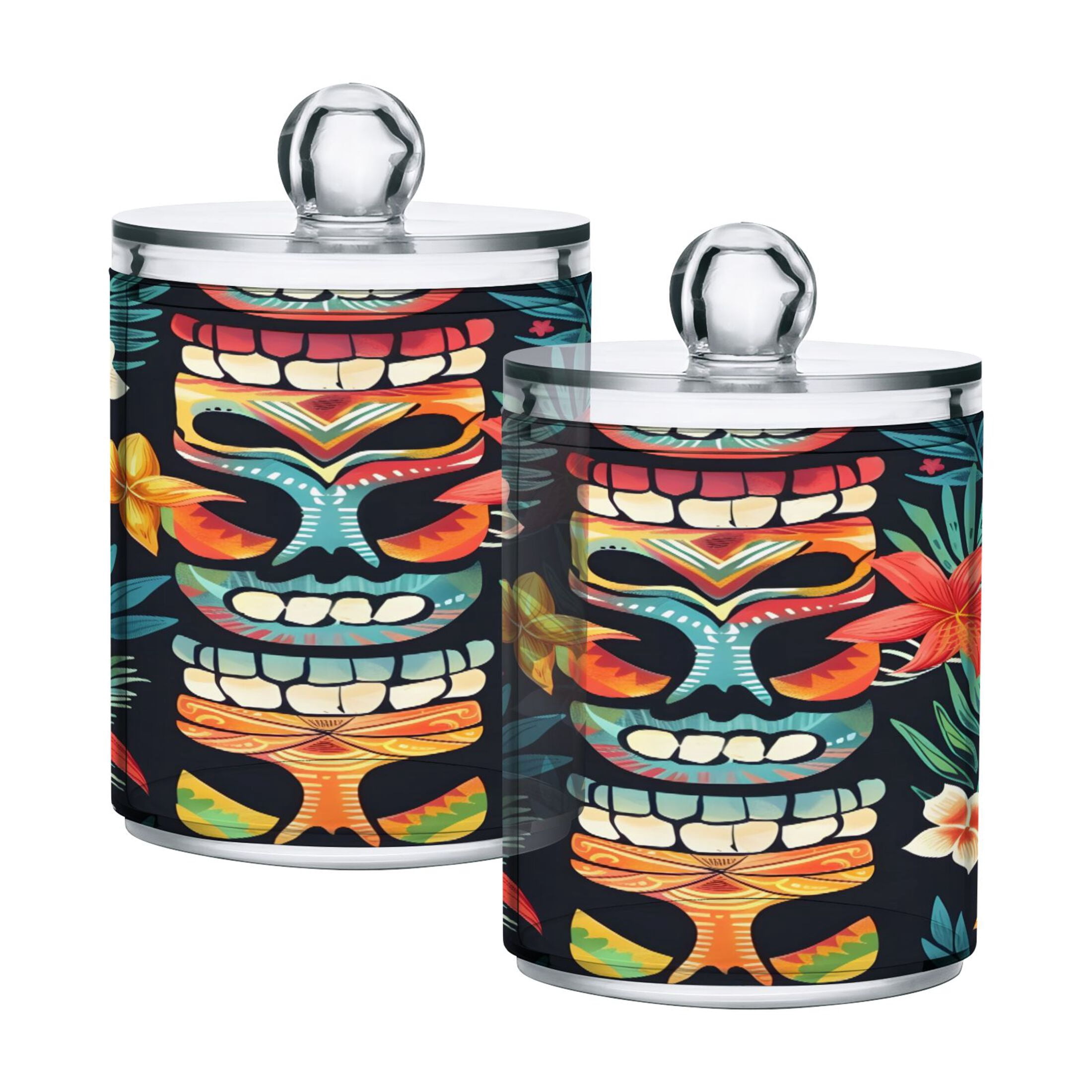 2 Pack Qtip Holder Dispenser Tropical Totem Mask Flower Clear Plastic ...