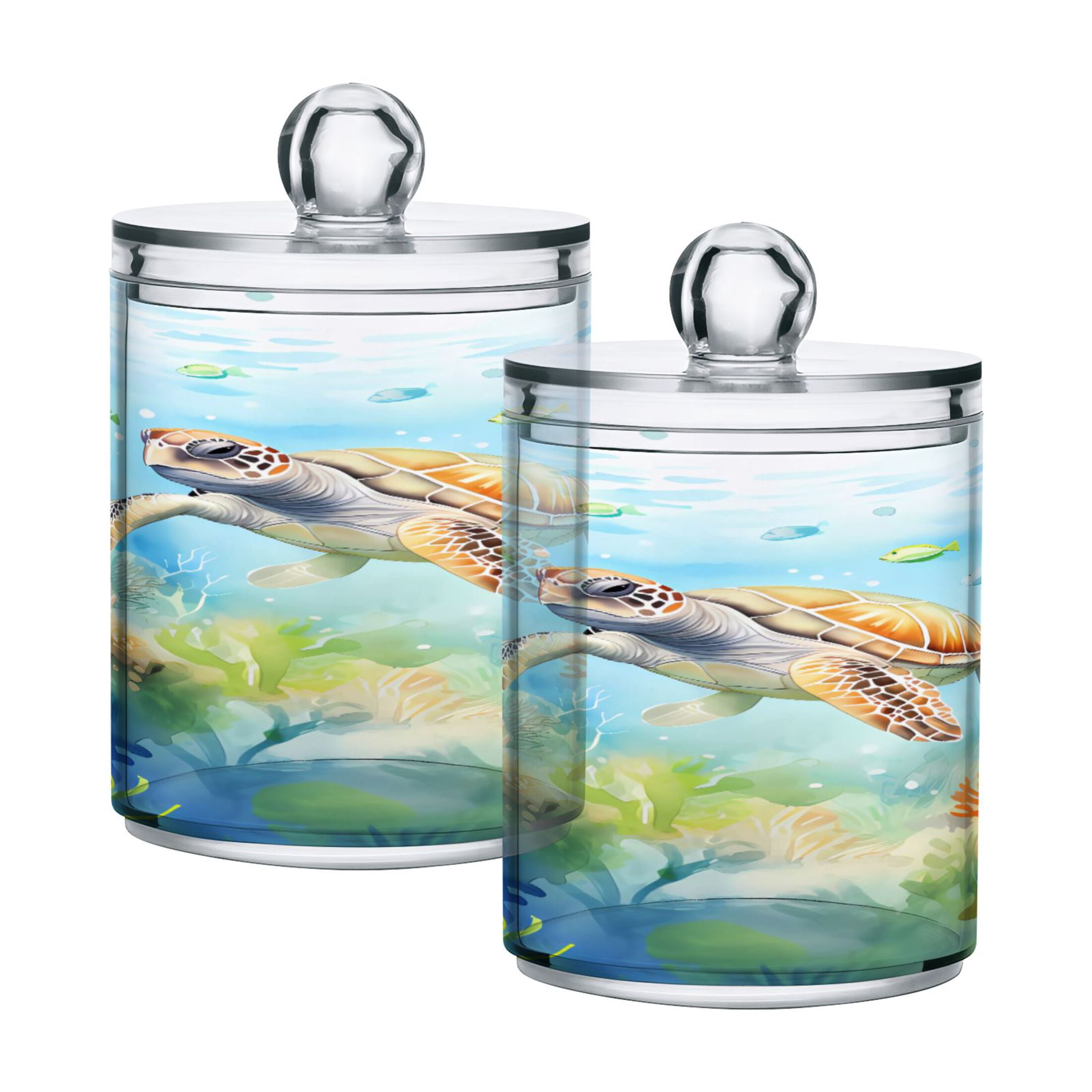 2 Pack Qtip Holder Dispenser Turtle Fish Coral Clear Plastic Storage ...