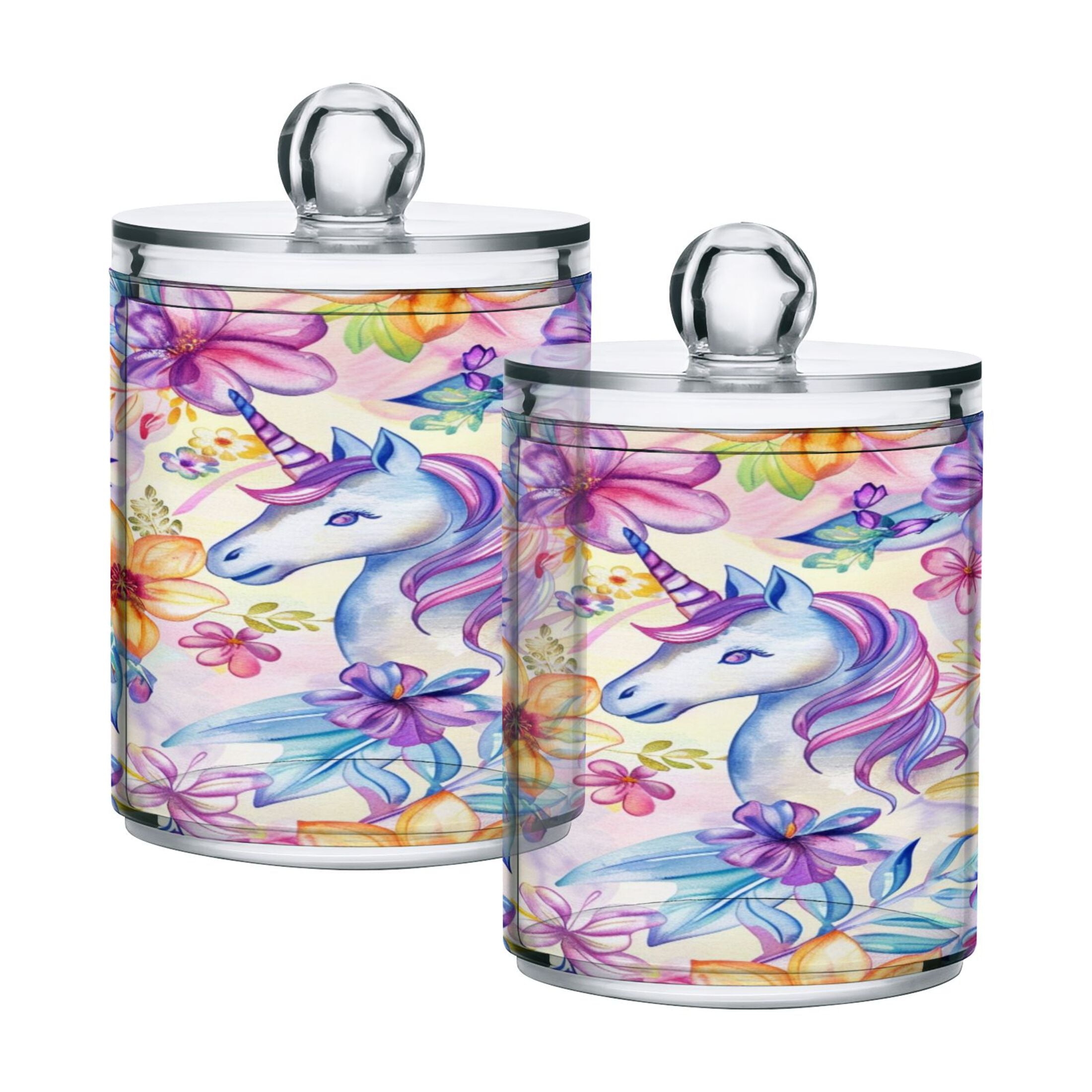 2 Pack Qtip Holder Dispenser Watercolor Unicorn and Flowers Clear ...