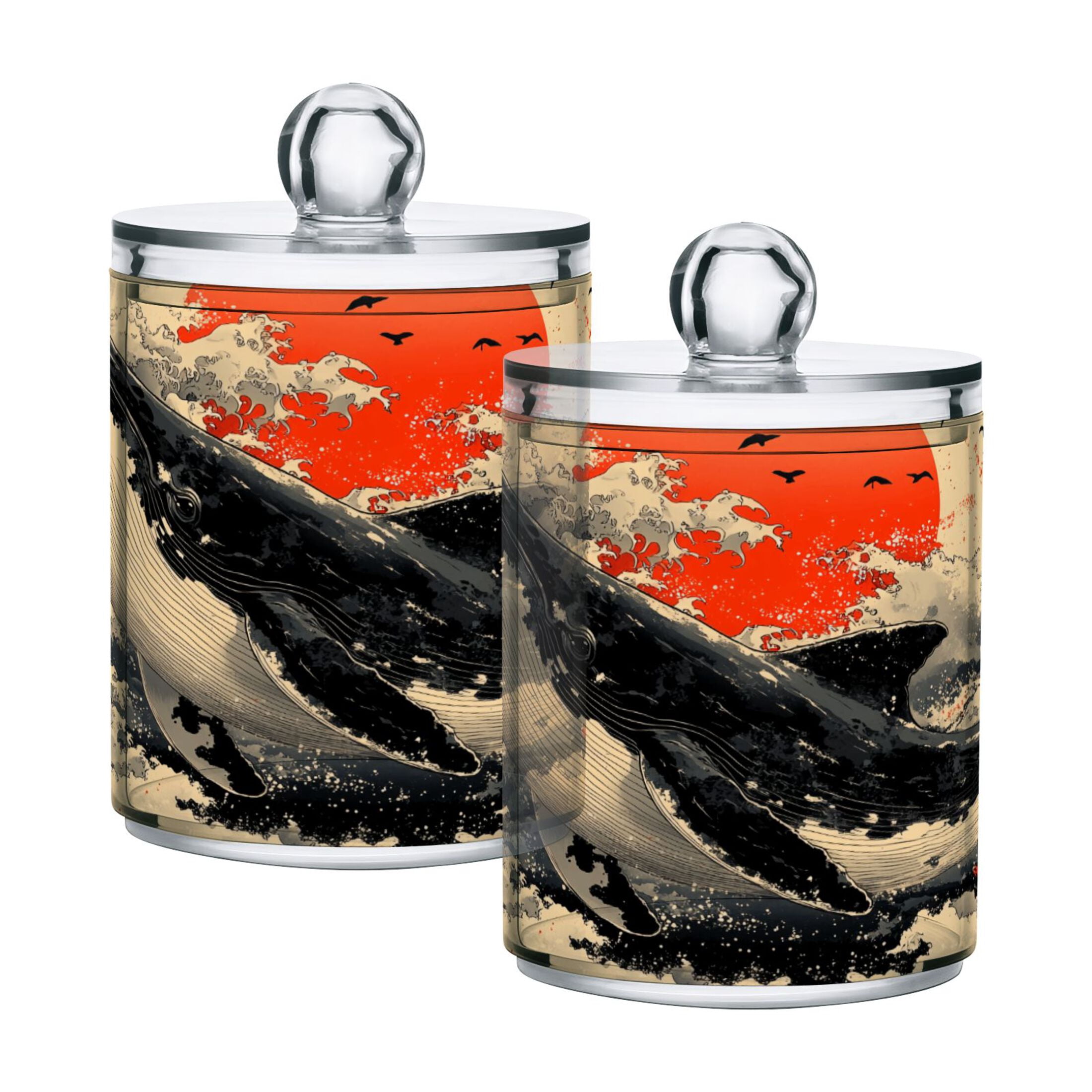 2 Pack Qtip Holder Dispenser Whale and Red Sun Clear Plastic Storage ...