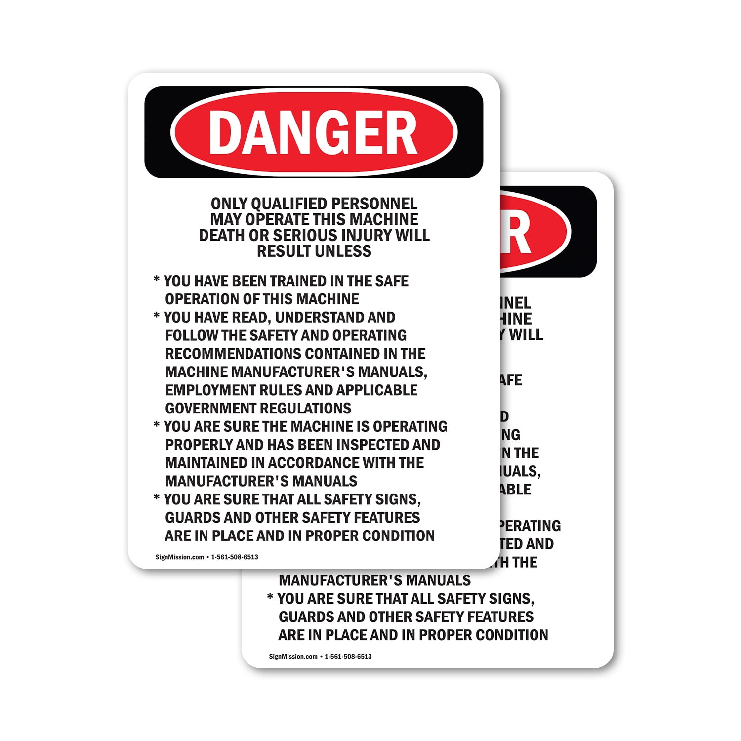 (2 Pack) Qualified Personnel Operate This Machine OSHA Danger Sign ...