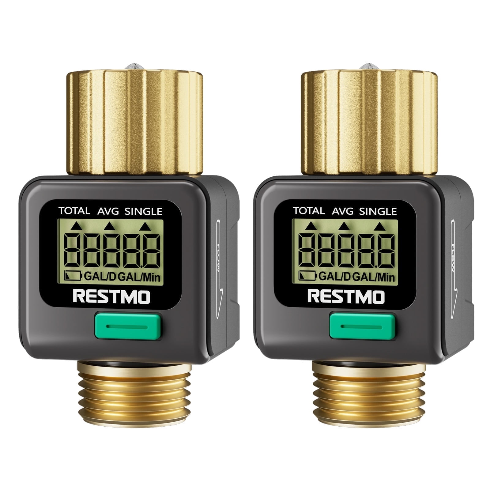 [2 Pack] RESTMO Water Flow Meter, Pure Brass Inlet & Outlet | 4 Measure Modes | Display Gallon ...
