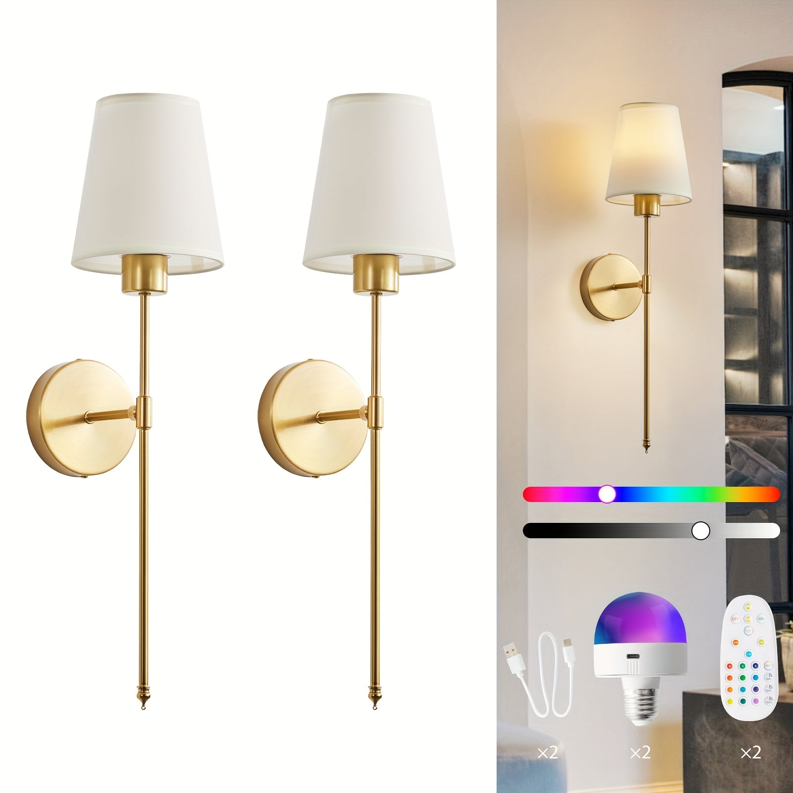 2-Pack RGB Rechargeable Wireless LED Wall Light with Remote Control, 15 ...