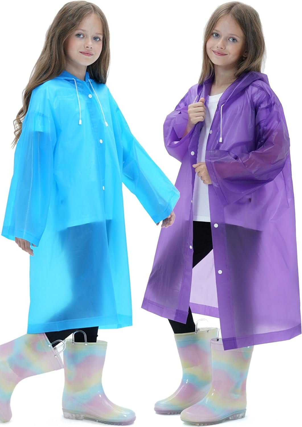 2 Pack Raincoats for Kids, Reusable Rain Ponchos with Hood and Sleeves ...