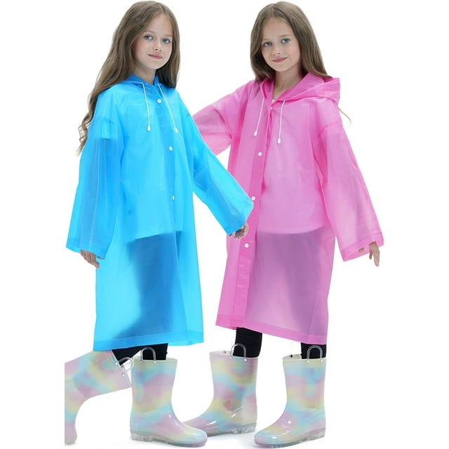 2 Pack Raincoats for Kids, Reusable Rain Ponchos with Hood and Sleeves Waterproof Rain Coat for ...