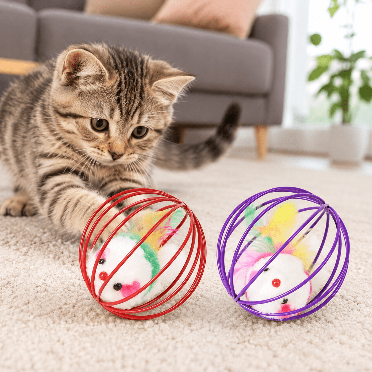 2 Pack Random Color Wire Cage Plush Mouse Cat Toys, Battery-Free ...