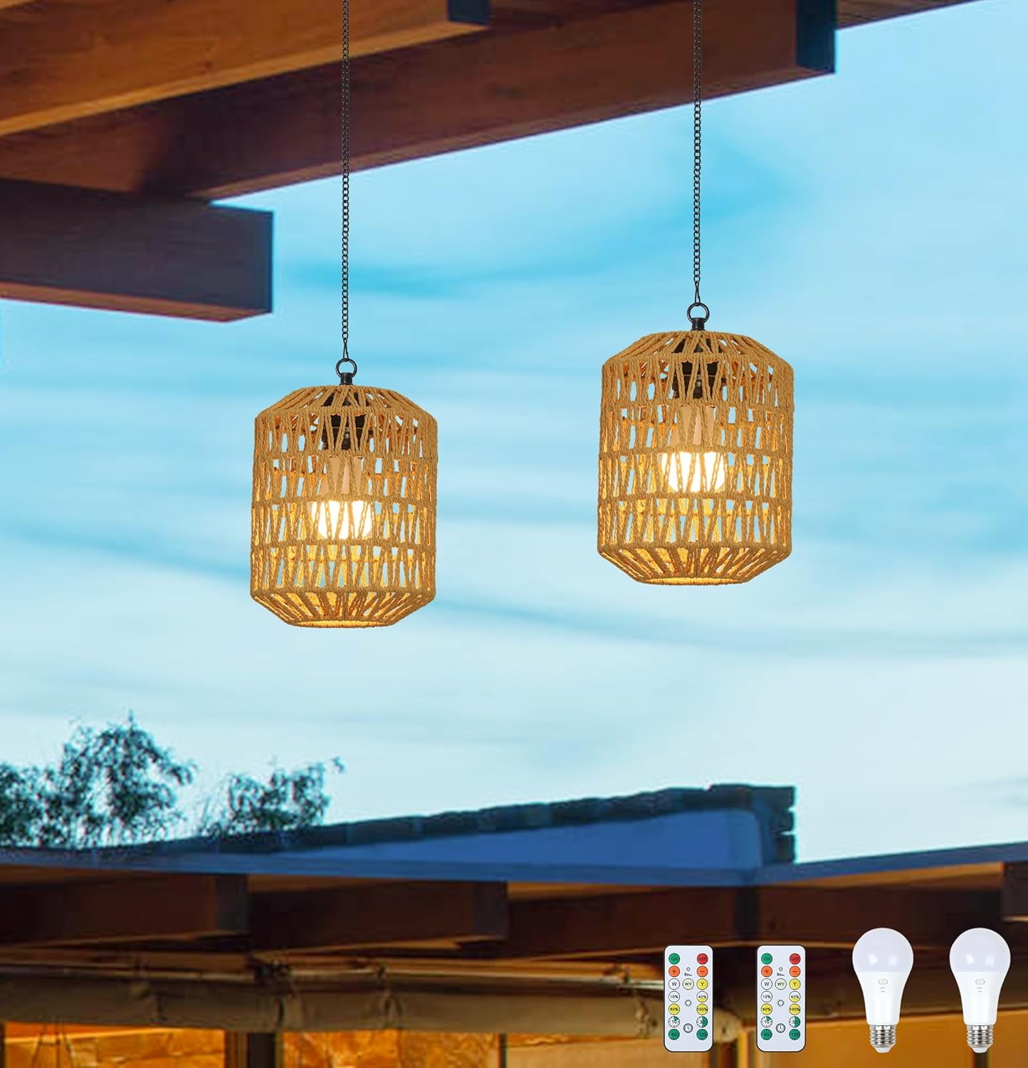 "2-Pack Rattan Battery-Operated Chandeliers - Remote-Controlled Boho ...