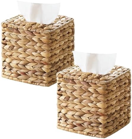 2 Pack Rattan Tissue Box Cover Square, Wicker Tissue Box Holder Facial ...