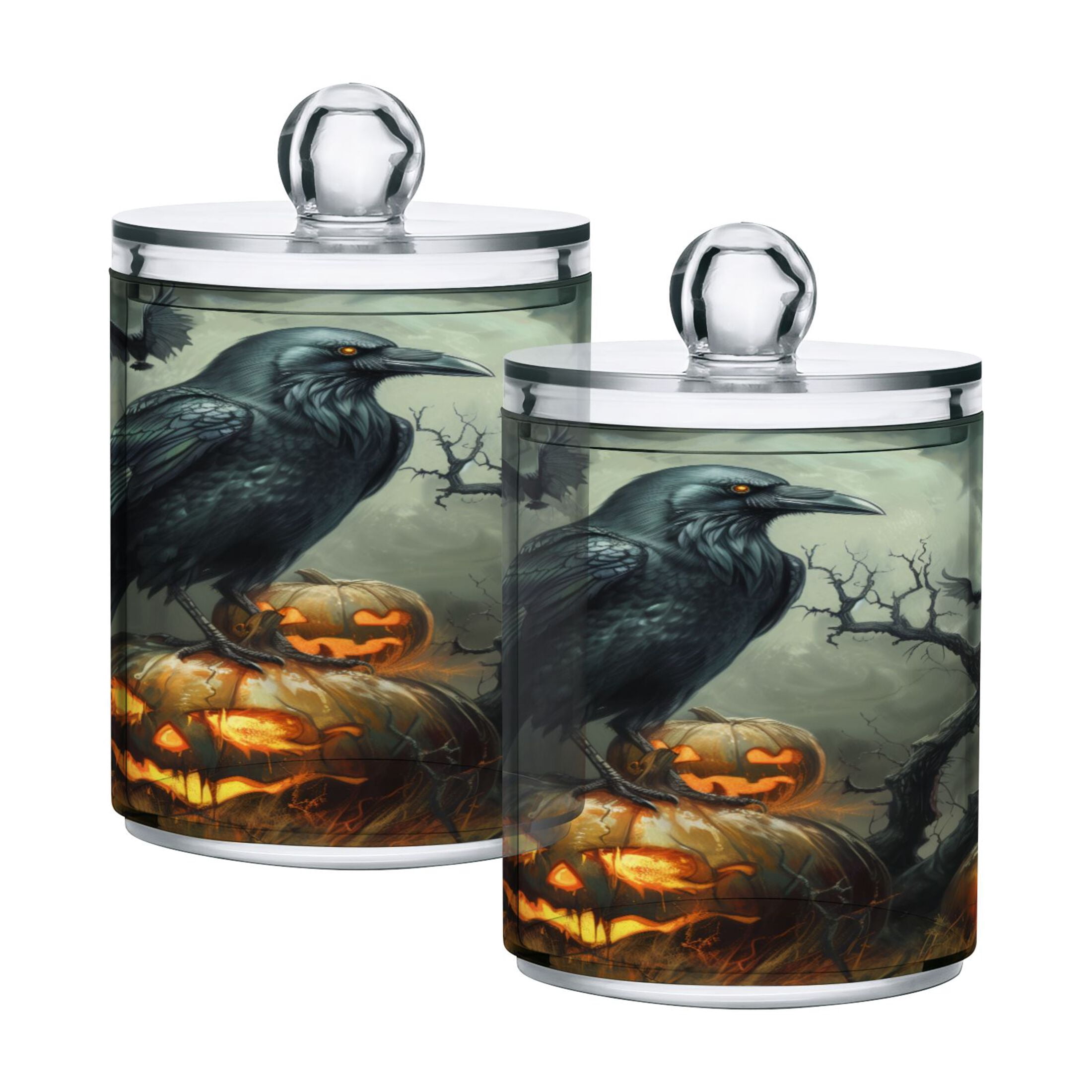 2 Pack Raven Bird and Pumpkins Qtip Holder Dispenser Clear Plastic ...