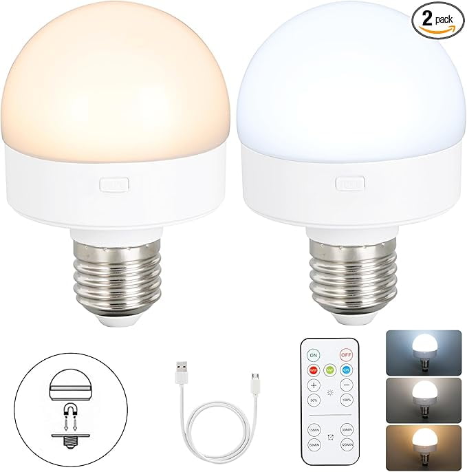2 Pack Rechargeable Battery Operated Light Bulbs with Remote, 300LM E26 ...
