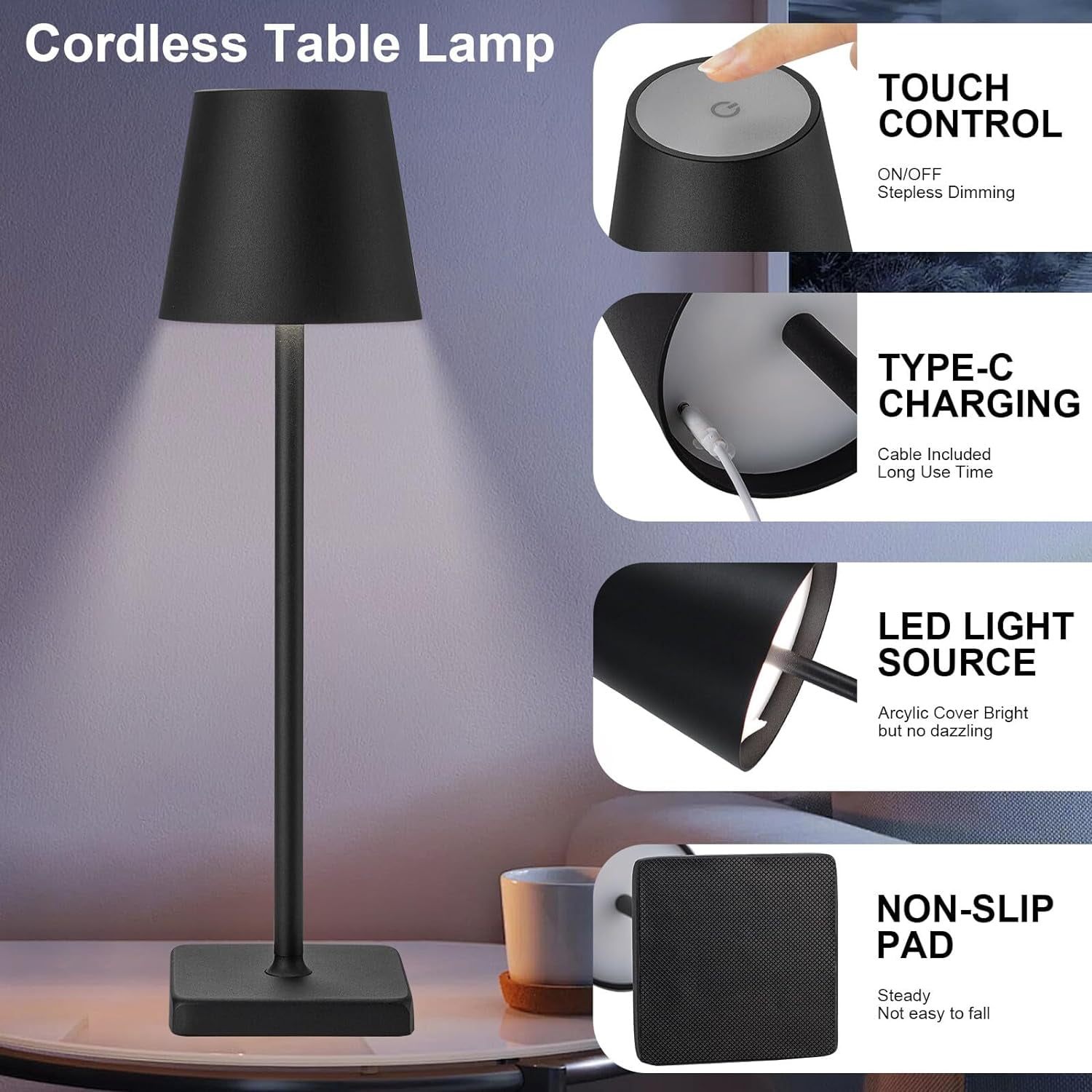 2 Pack Rechargeable Cordless Table Lamps, 5200mAh Battery Touch Table ...