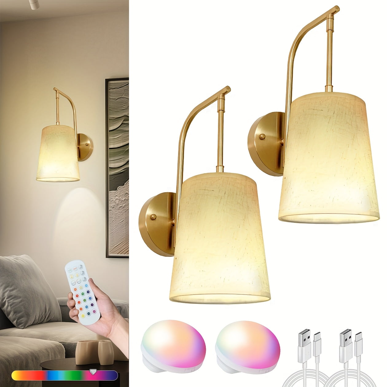 2-Pack Rechargeable Dimmable LED Wall Sconces: 15 Colors, Battery ...