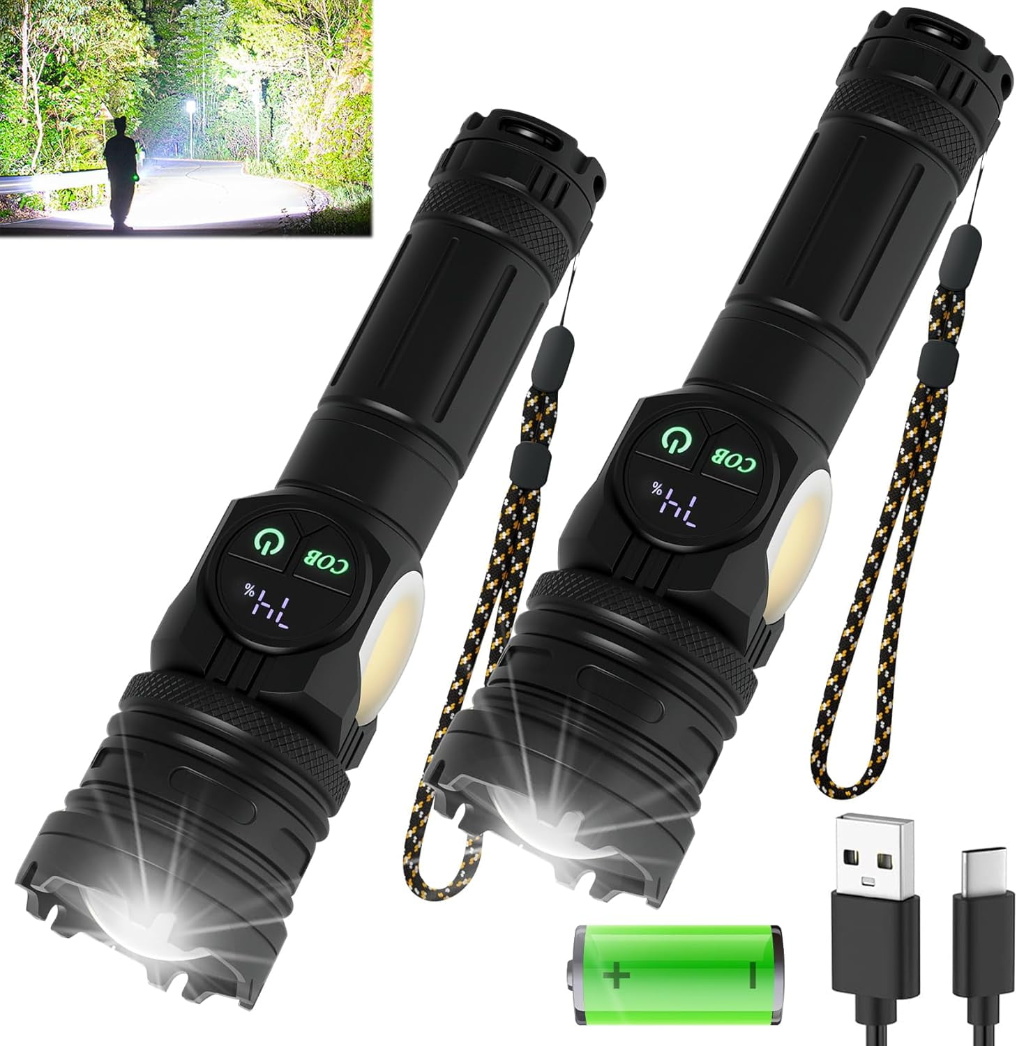 2 Pack Rechargeable Flashlight, 300000 High Lumen Super Bright LED ...