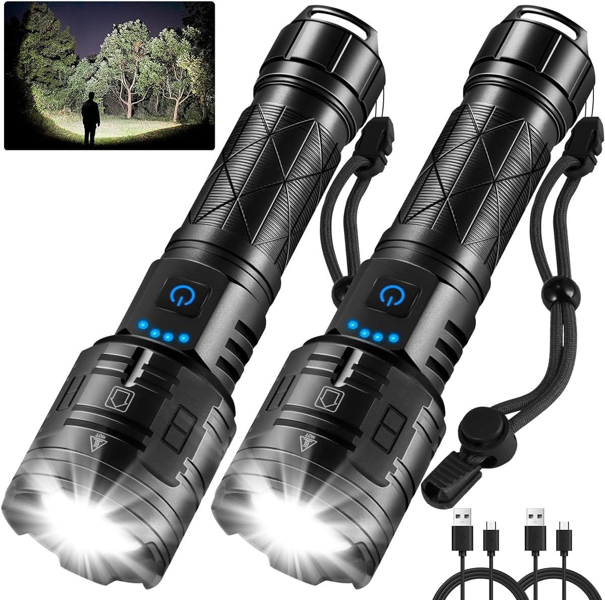 2 Pack Rechargeable Flashlights High Lumens, 990000LM Powerful Tactical ...