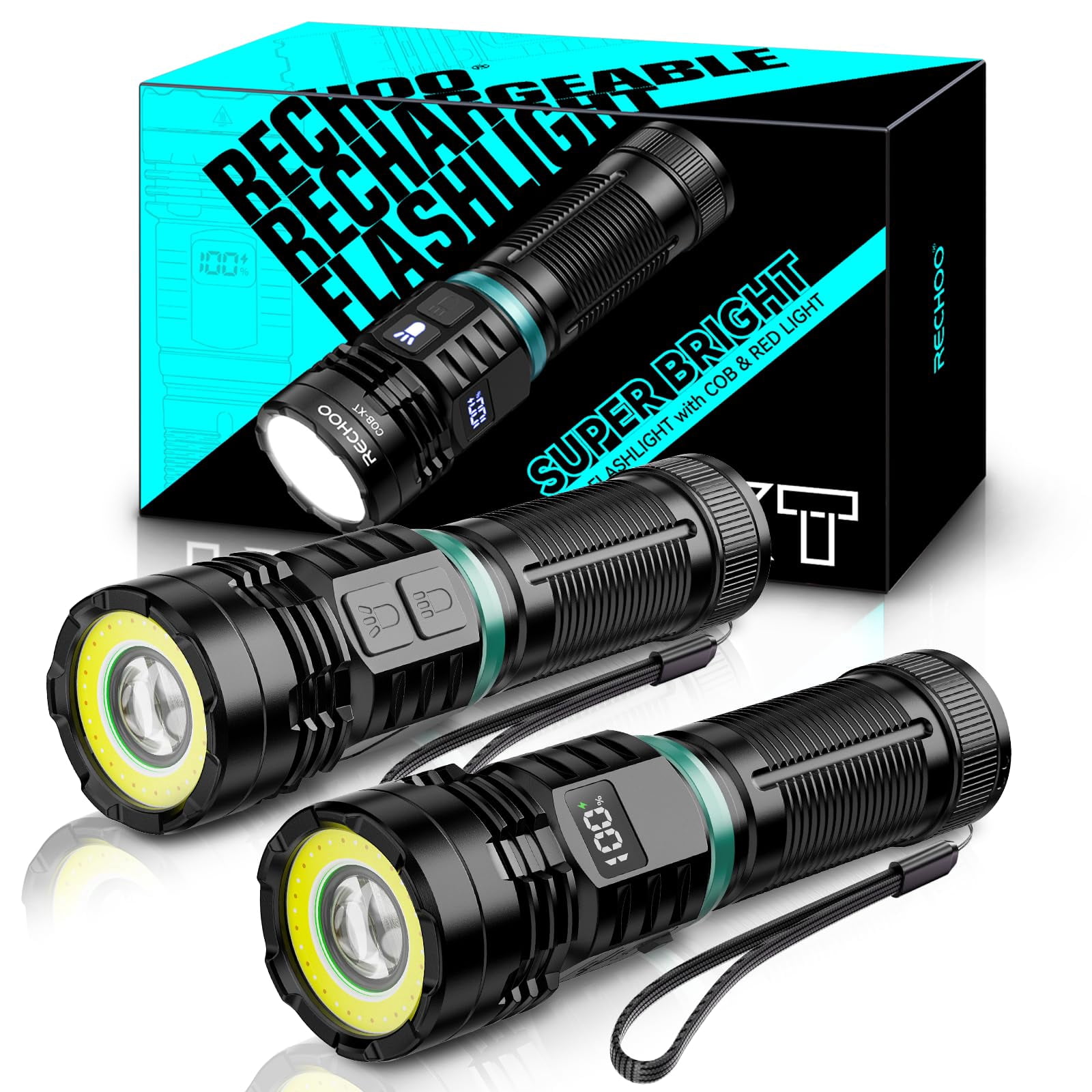 2 Pack Rechargeable Flashlights with LCD Digital Display, Dual-Switch ...