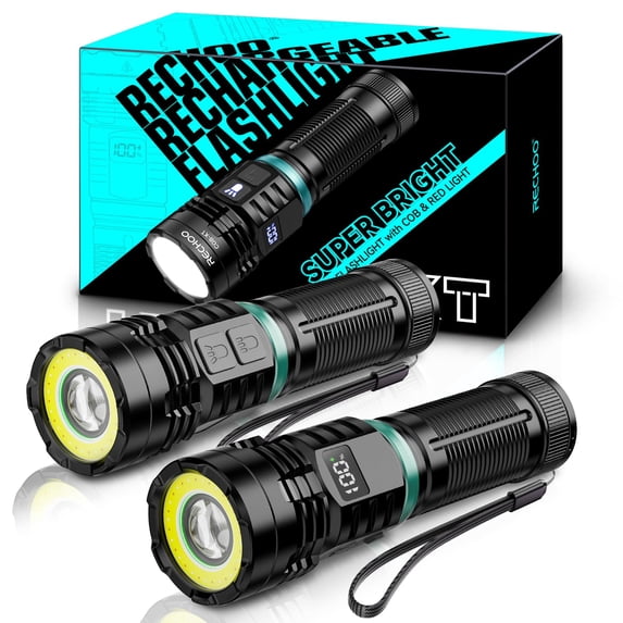 2 Pack Rechargeable Flashlights with LCD Digital Display, Dual-Switch ...