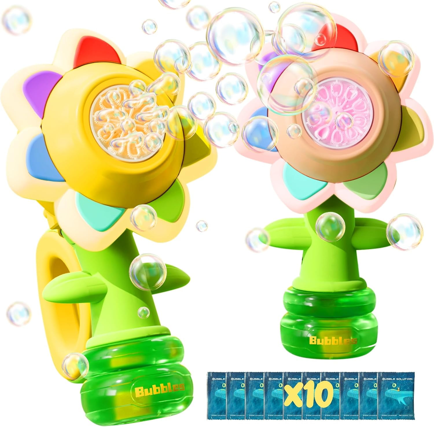 2 Pack Rechargeable Flower Bubble Guns for Kids W/LED Lights & 10 ...