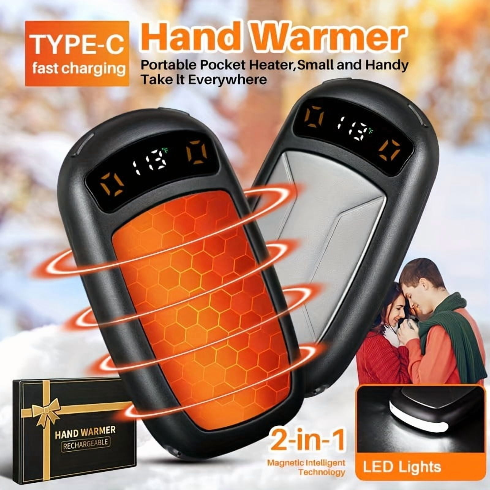 2-Pack Rechargeable Hand Warmers with COB Light - Fast Heating, 3 Modes ...
