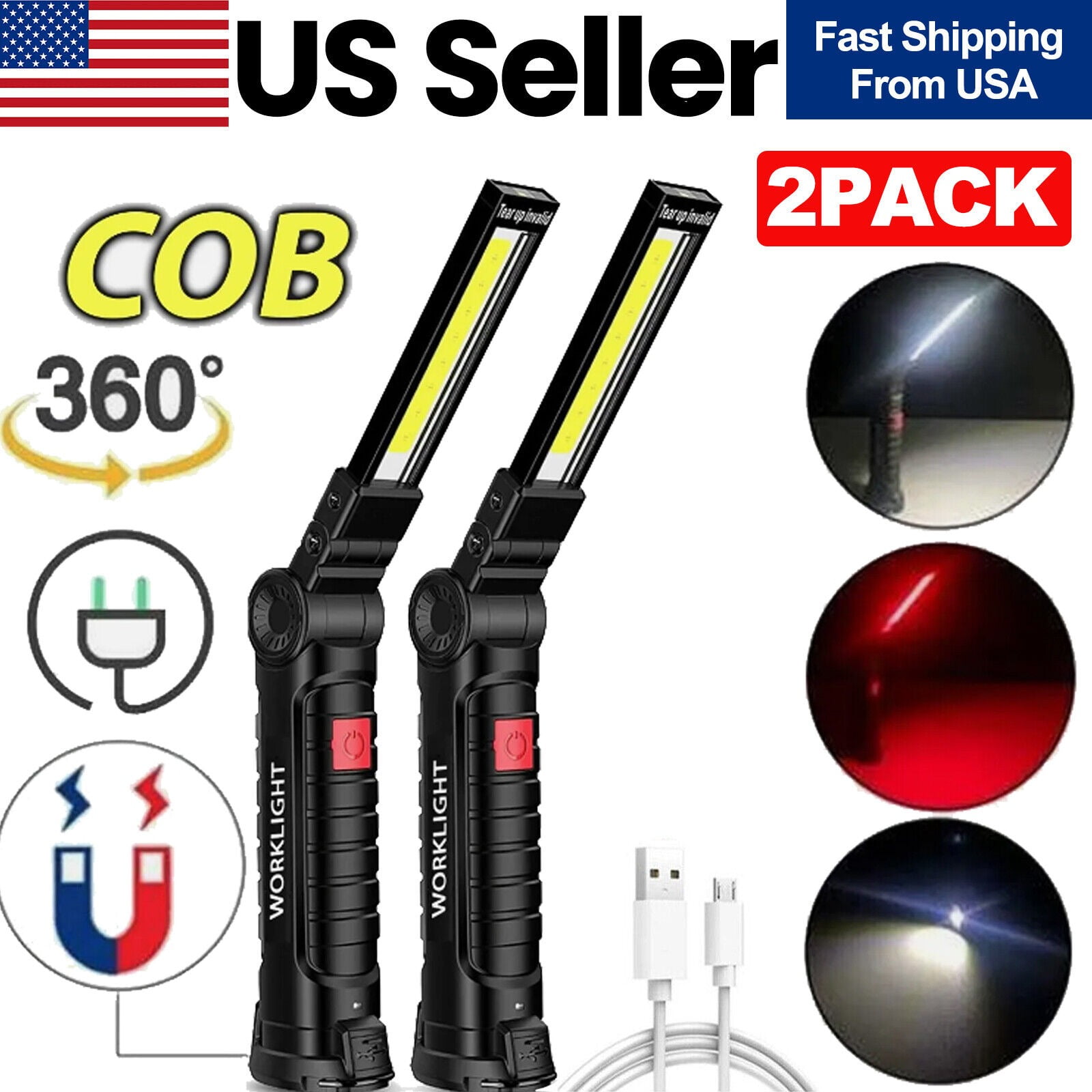 2 Pack Rechargeable LED COB Work Light Mechanic Flashlight Lamp ...