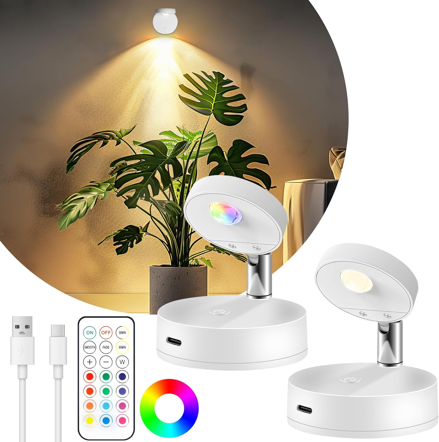 2 Pack Rechargeable LED Spotlight for Indoor, Wireless RGB Spot Light ...