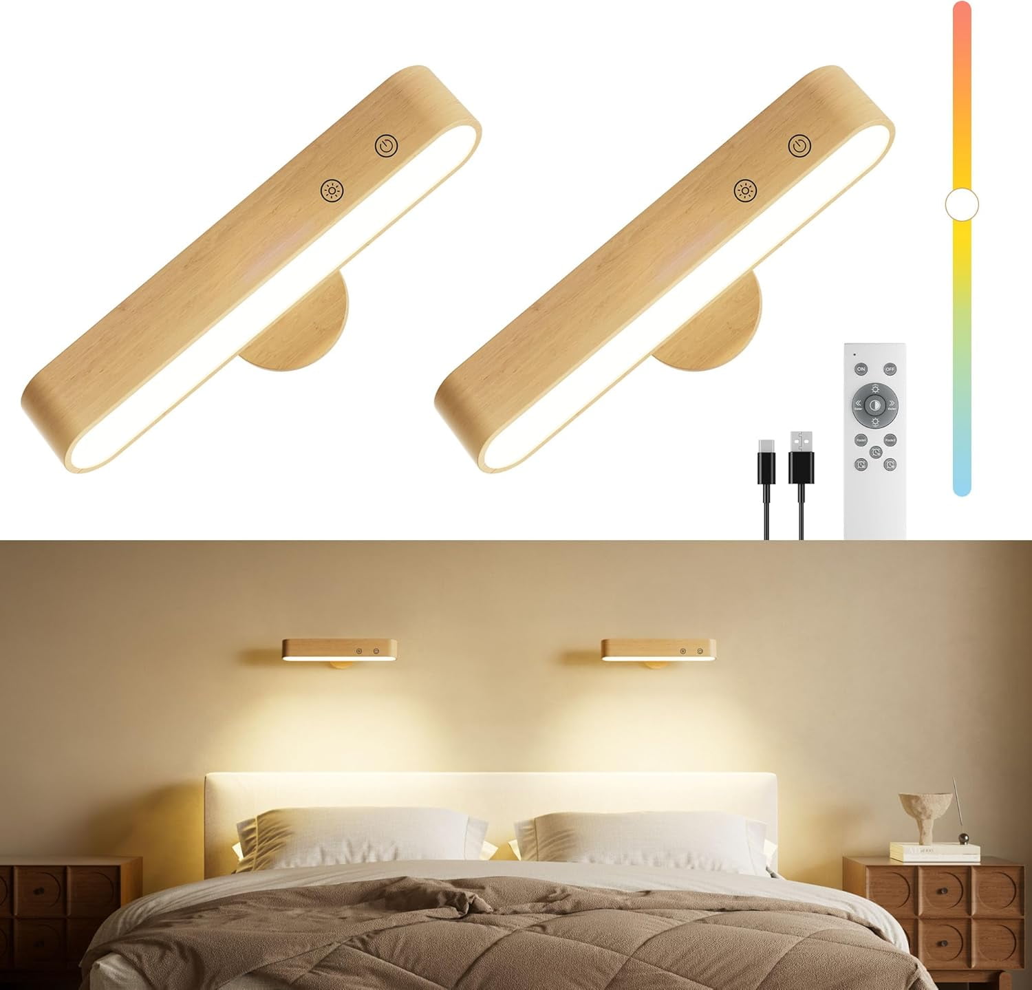 2-Pack Rechargeable LED Wall Sconces, Wireless Wood Wall Lights with ...