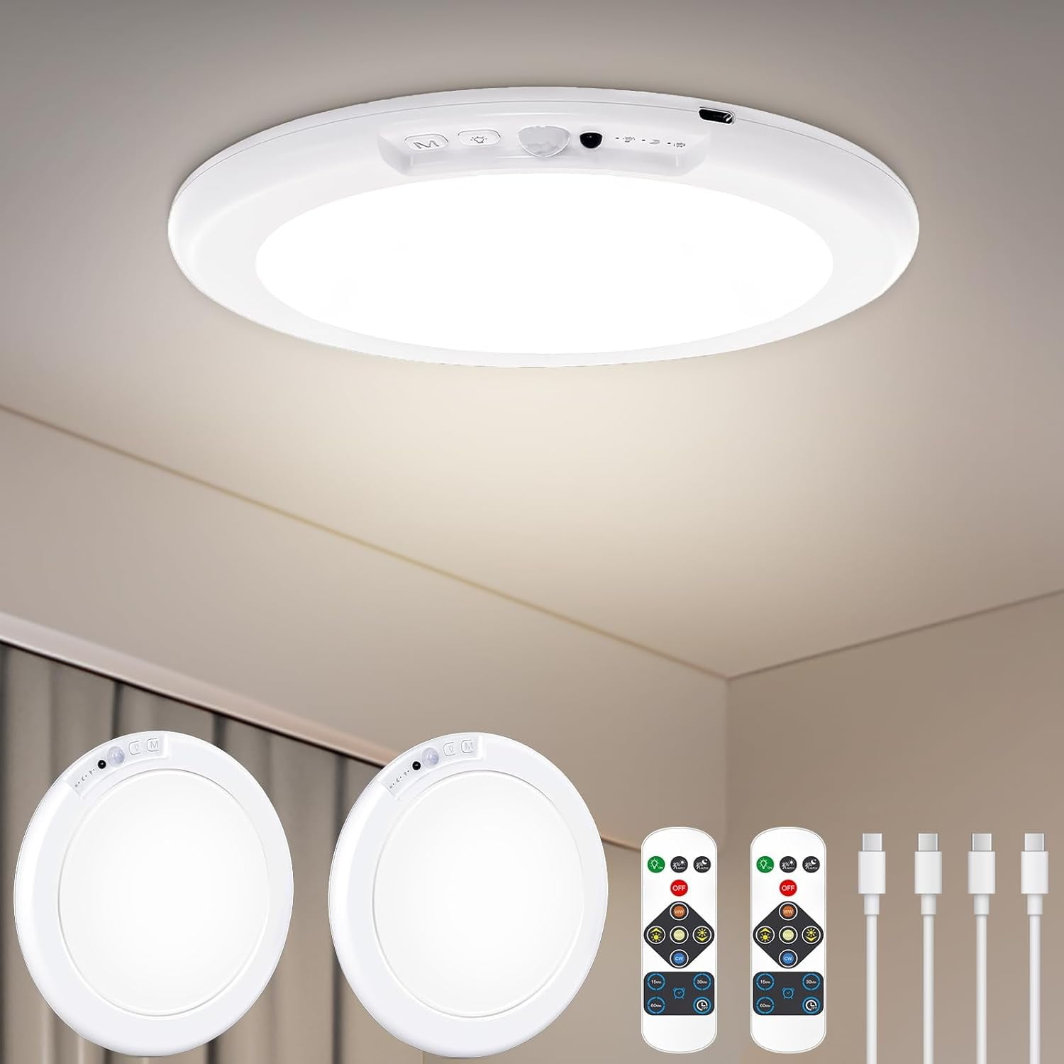 2 Pack Rechargeable Motion Sensor Ceiling Light with Remote 7.5 Inch, 3 ...