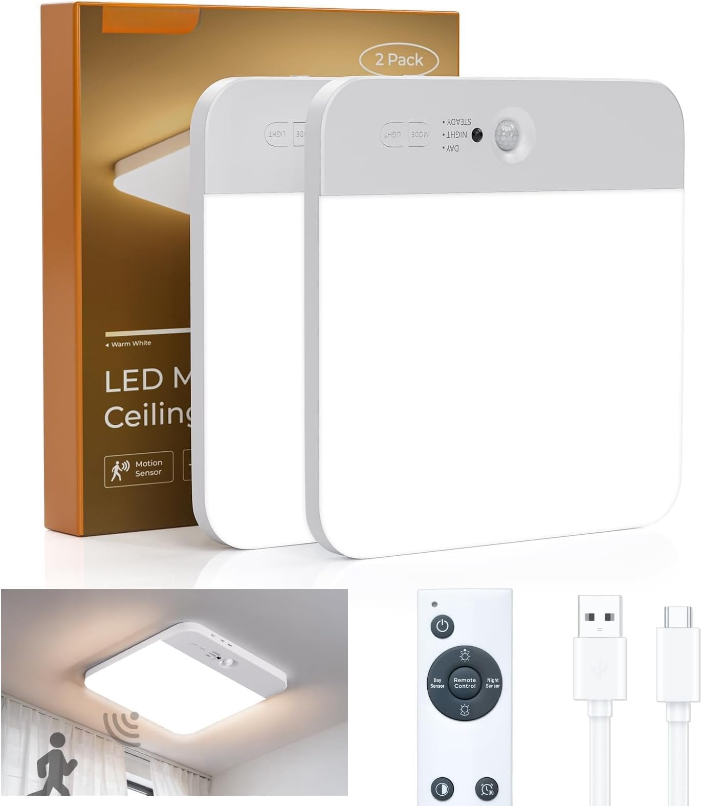 2 Pack Rechargeable Motion Sensor LED Ceiling Light with Remote ...