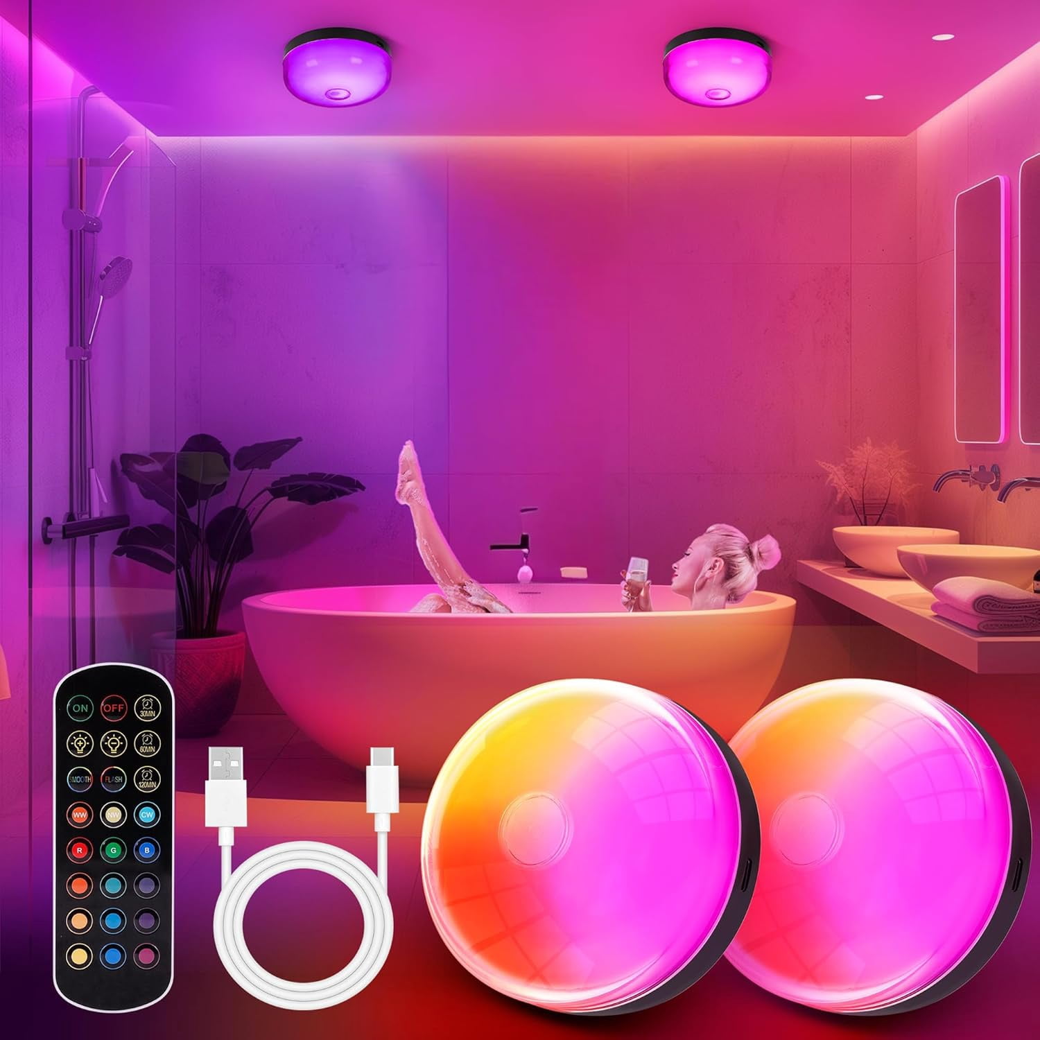 2-Pack Rechargeable Shower Lights for Inside Shower, 15 RGBW Color ...