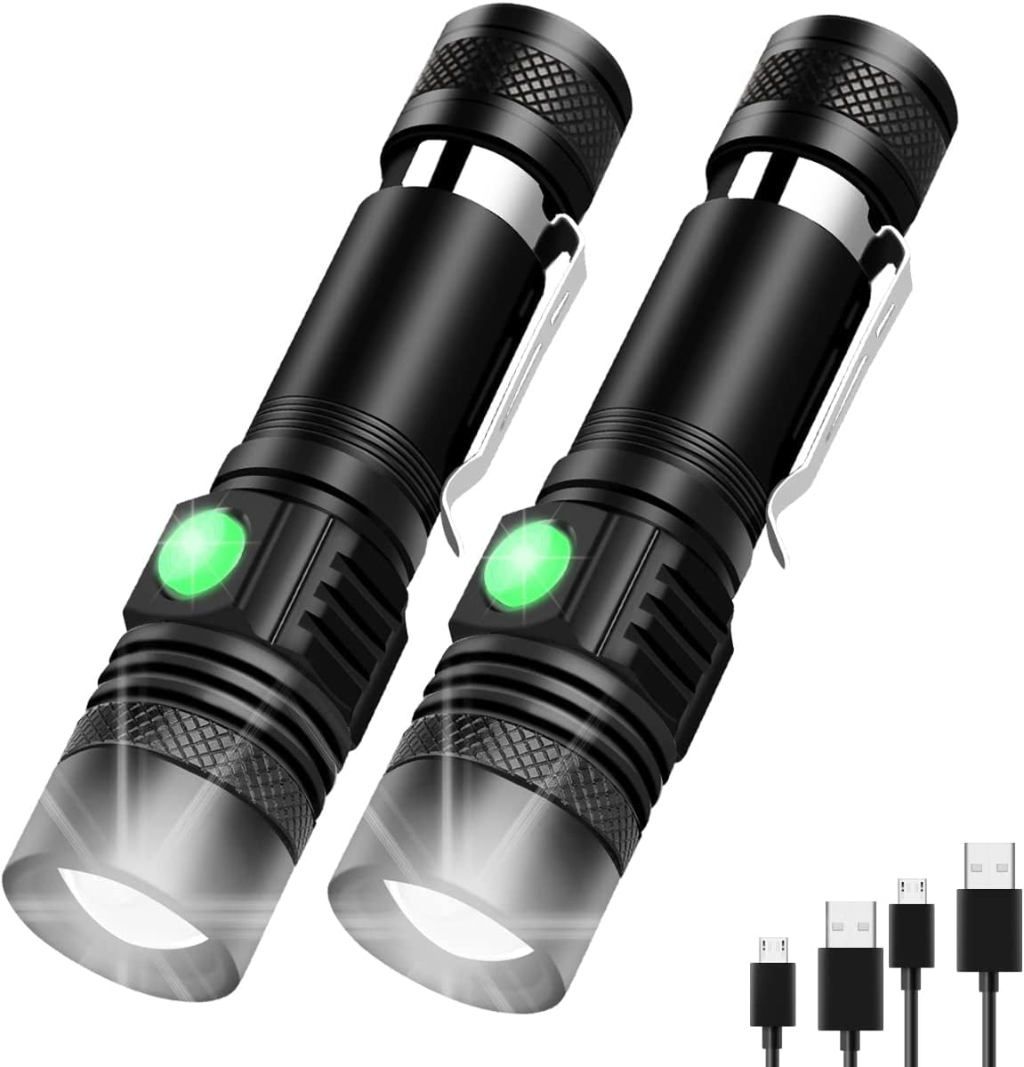 2 Pack Rechargeable Tactical LED Flashlights Powerful Pocket-Sized Small Flash Light 1200 Lumen ...
