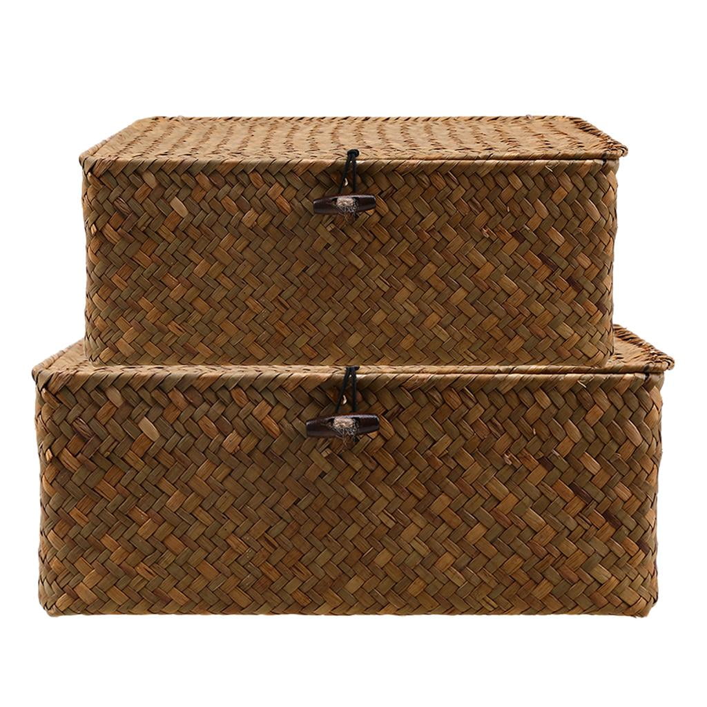 2-Pack Rectangular Handmade Baskets with Lids.Multifunctional Storage ...