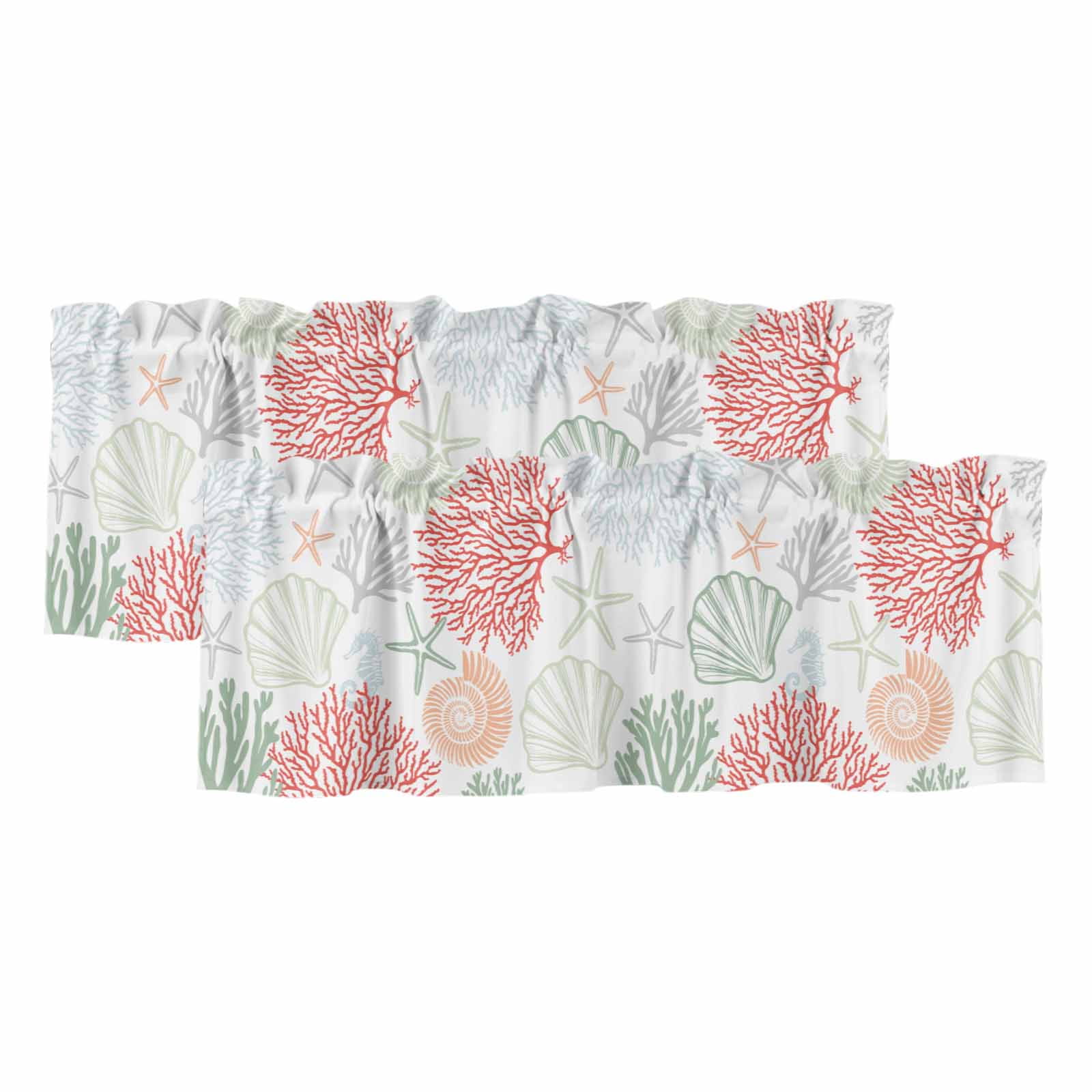 2 Pack Red Coral Valance for Window Sage Green Starfish Ocean Coastal ...