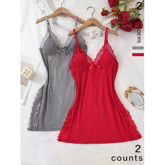 2-Pack Red & Silver Metallic Lace-Trimmed Cami Nightdress With Bow ...