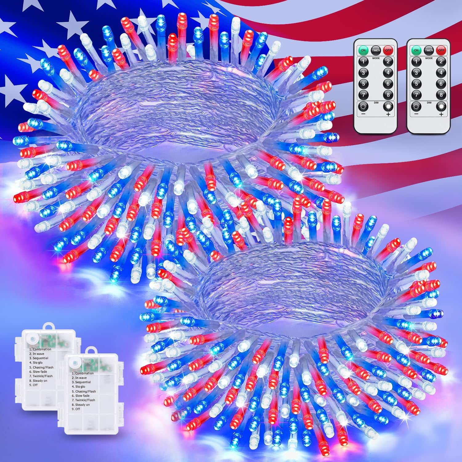 2 Pack Red White and Blue Lights Outdoor, 33ft 100 LED 4th of July ...