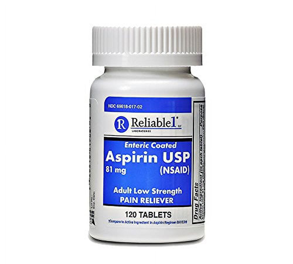 2 Pack Reliable 1 Aspirin USP 81 mg (NSAID) 120 Enteric Coated Tablets ...