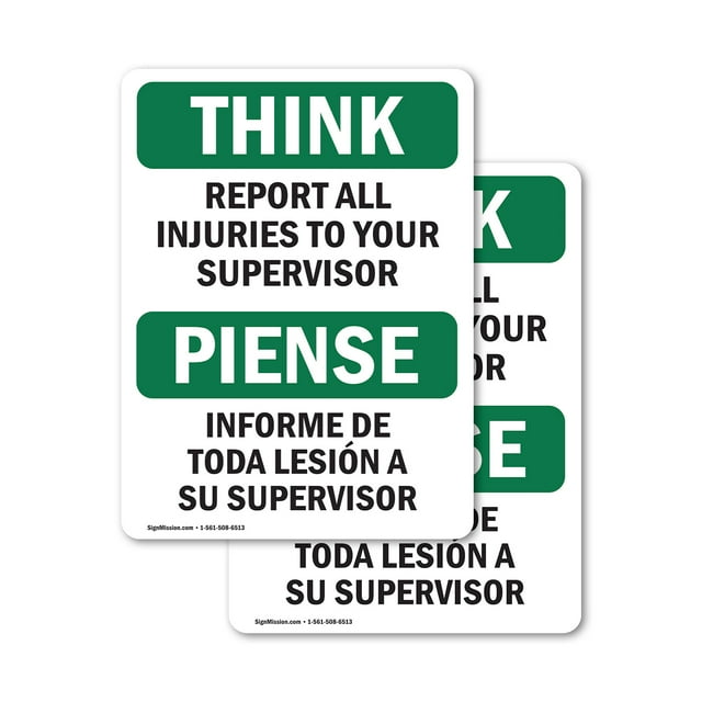 (2 Pack) Report All Injuries To Your Supervisor OSHA Think Sign ...