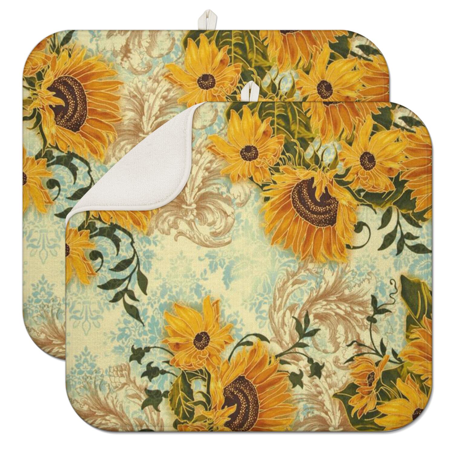 2 Pack Retro Sunflower Graphic Pads - Thick 3-Layer Drying Mat with ...