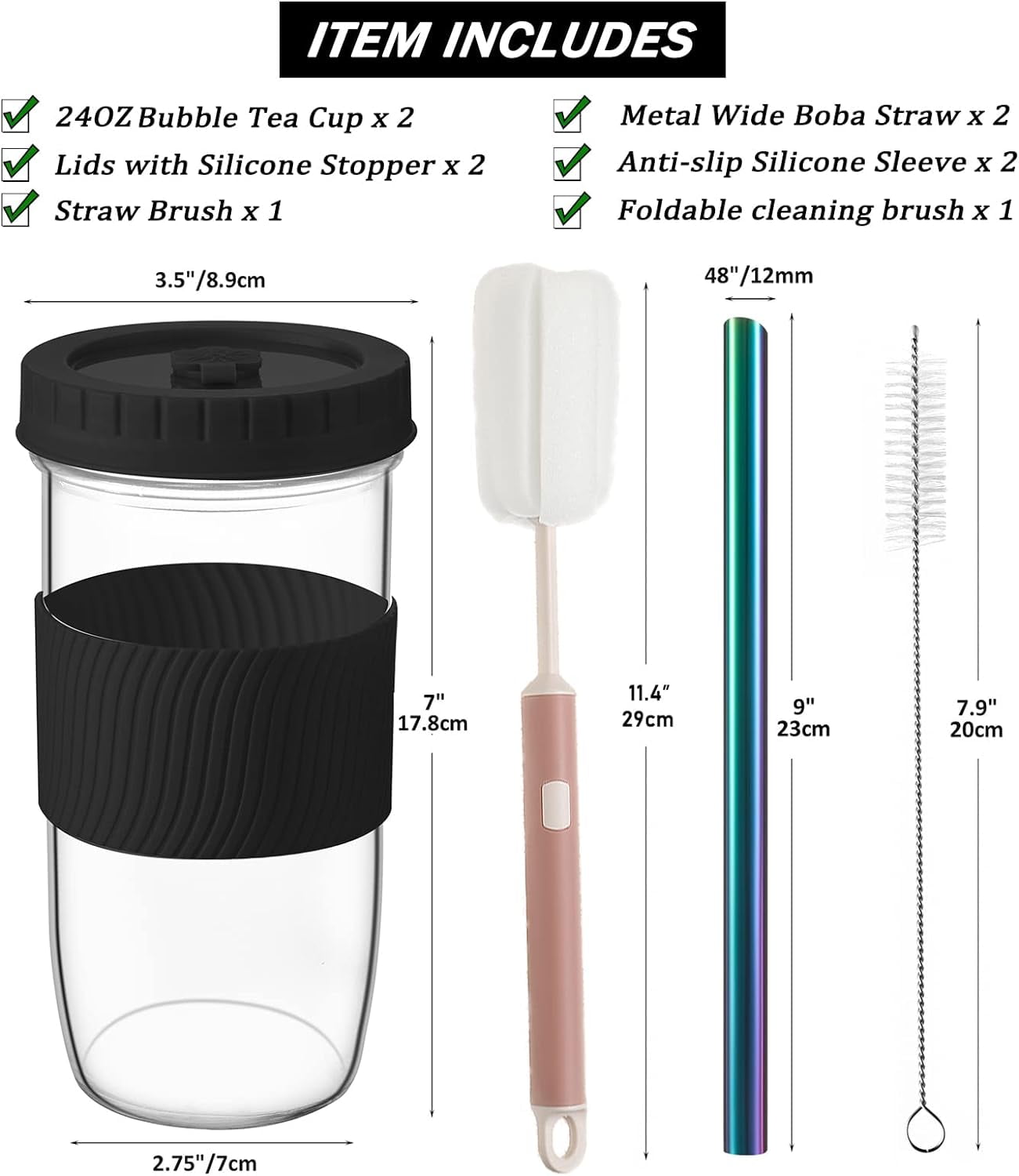 2 Pack Reusable Boba Cup,24Oz Wide Mouth Smoothie Cup,Mason Jar Glass ...