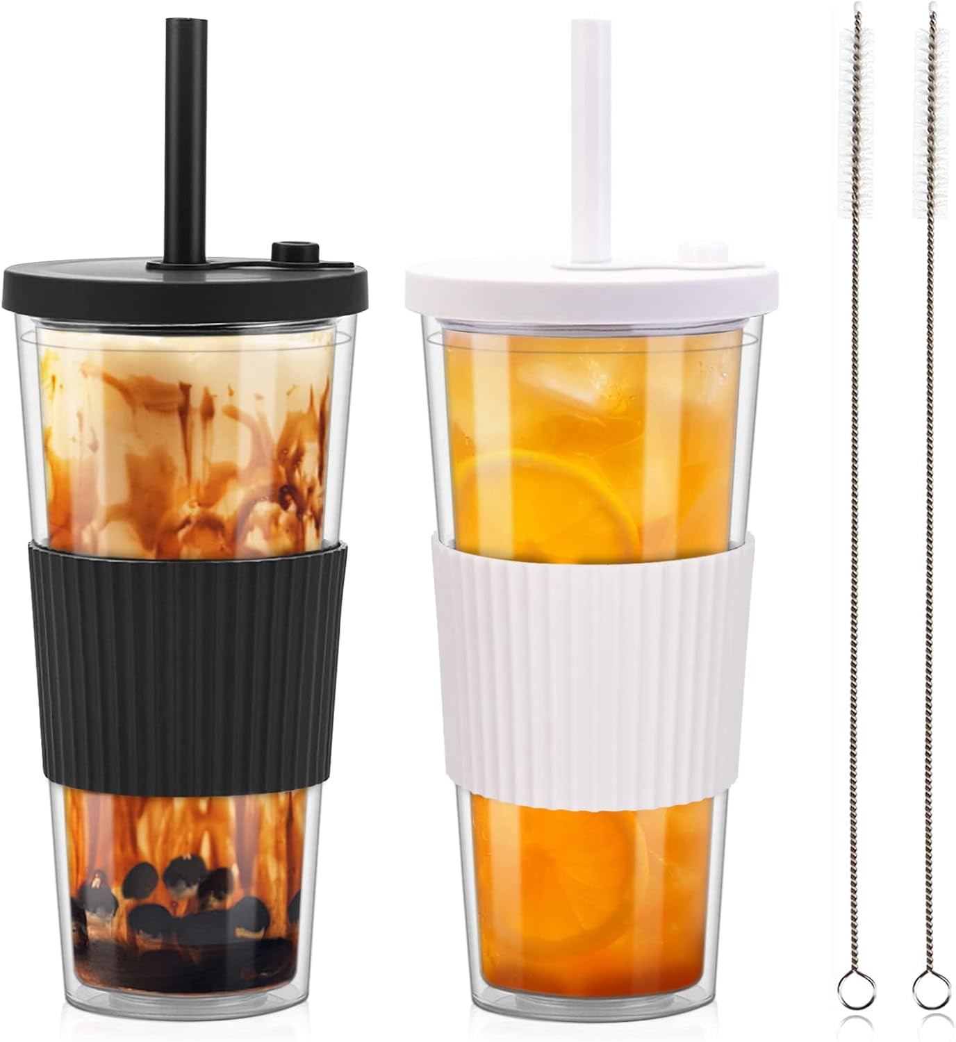 2 Pack Reusable Boba Tea Cups, 24oz Iced Coffee Cup with Straw and Lid ...