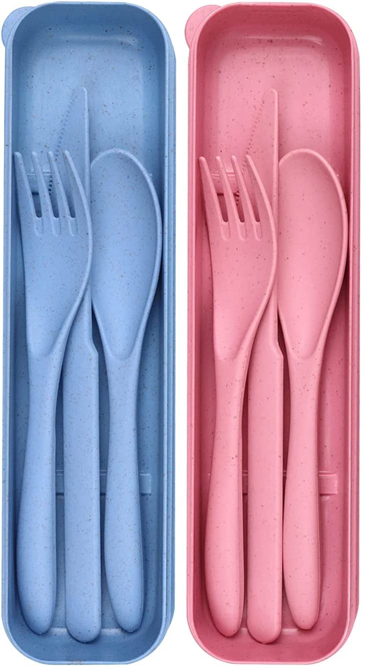 2 Pack Reusable Travel Utensils Set with Case, Wheat Straw Portable ...