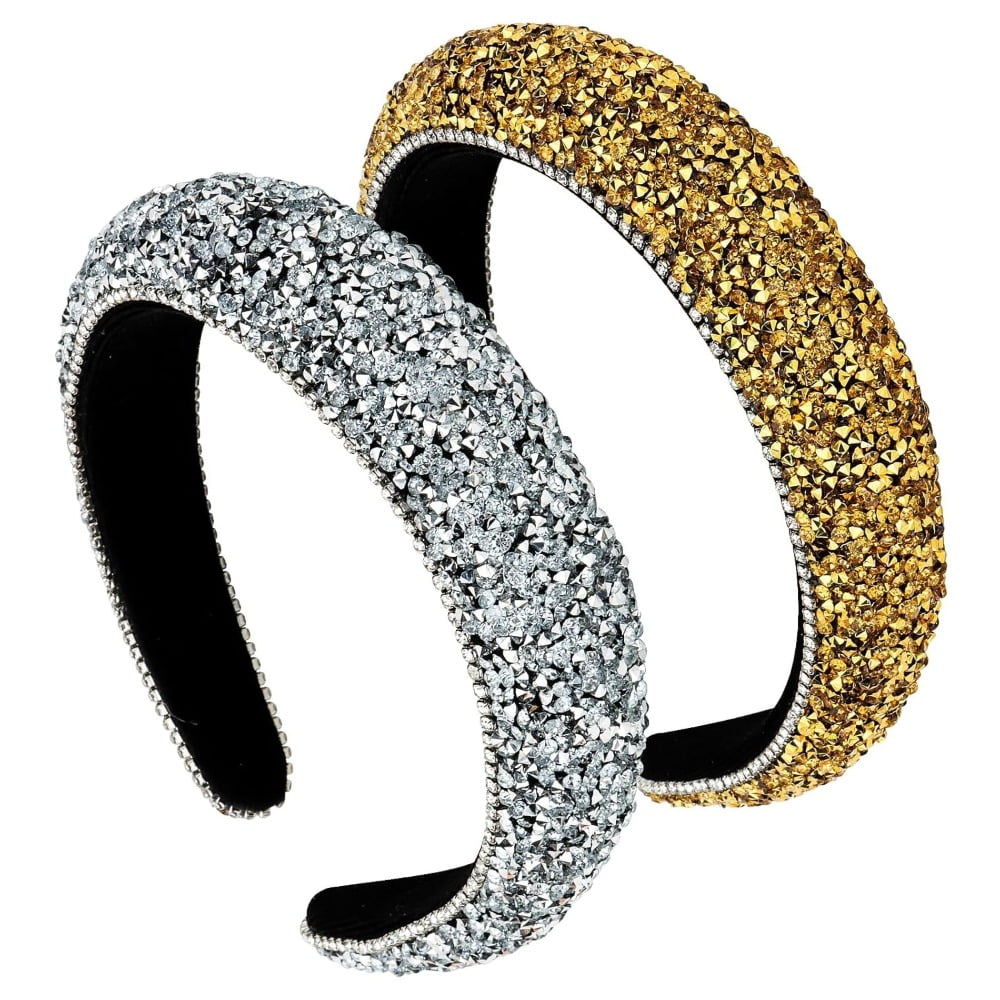 2-Pack Rhinestone Headbands - Sparkly Glitter Padded Wide Band ...