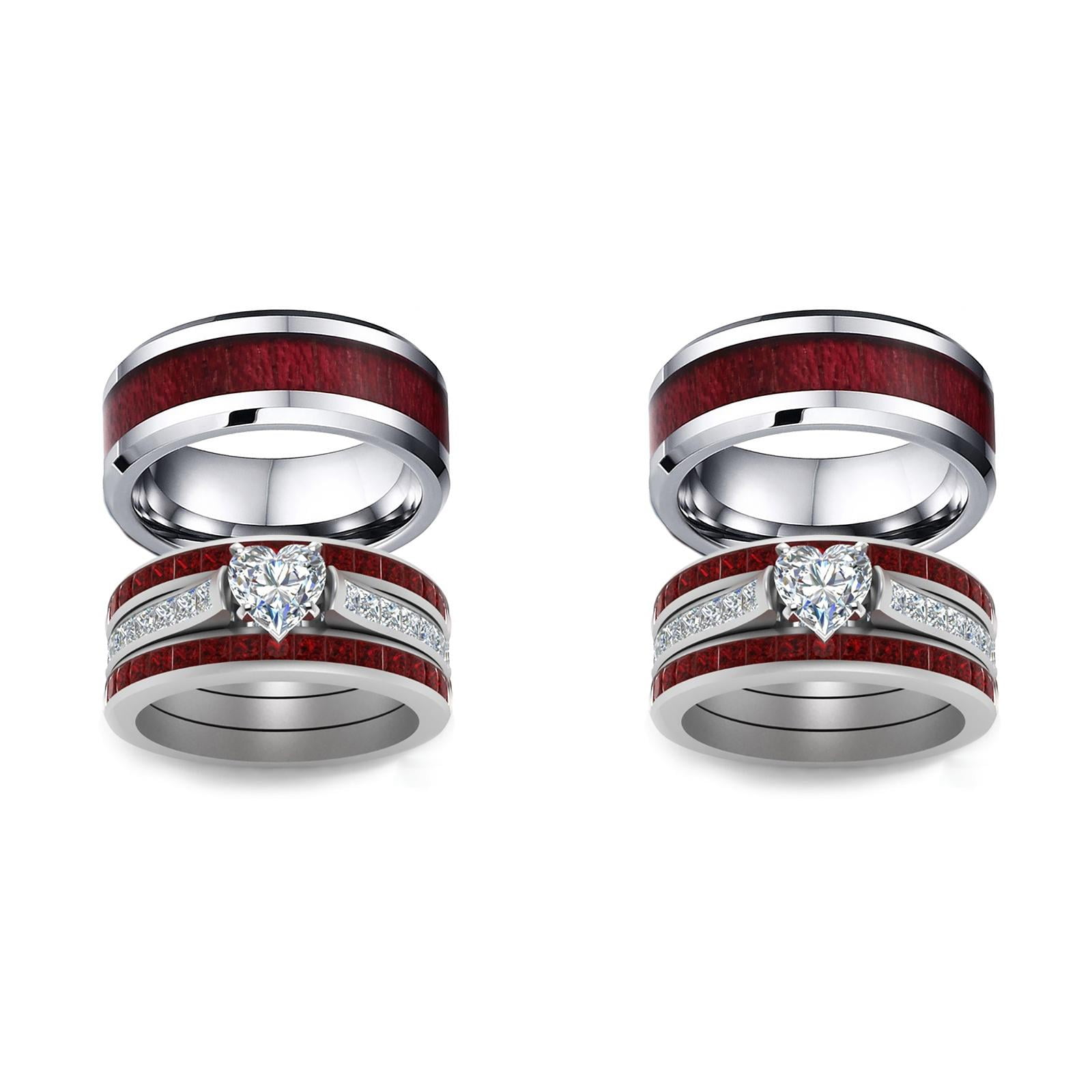 2 Pack,Ring Heart Grain Titanium Ring Three Layer Set Wood Couple Ring ...