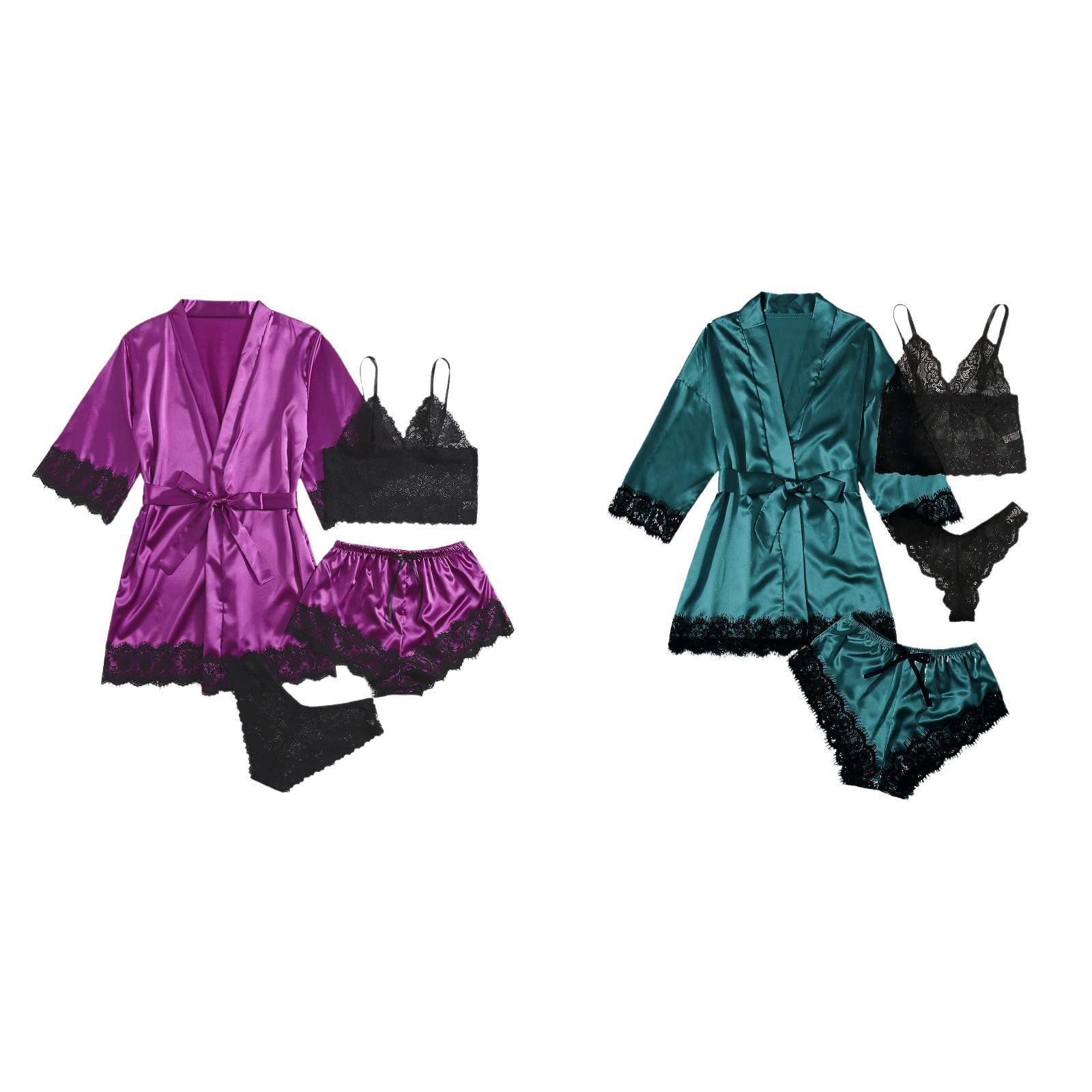 (2-Pack) Rinsvye Women's 4 Piece Lace Women's Sleeveless Nightgowns Satin Strap Sleep Set Bump ...