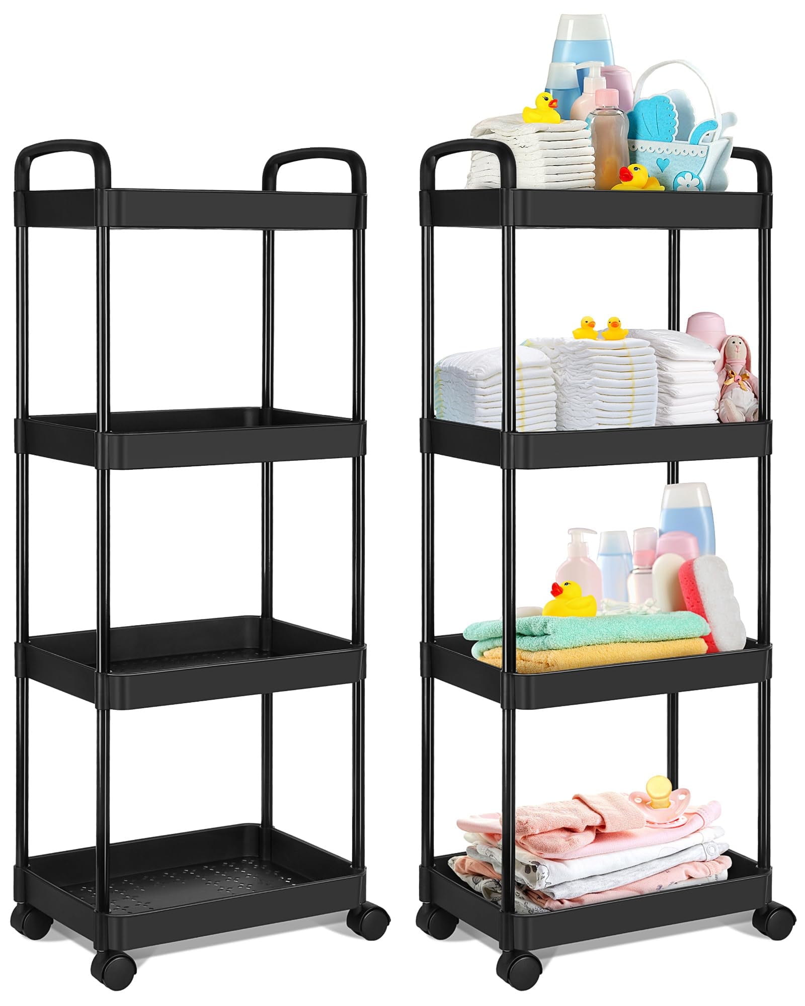 2 Pack Rolling Cart with Wheels, 4 Tier Plastic Utility Cart, Multi ...