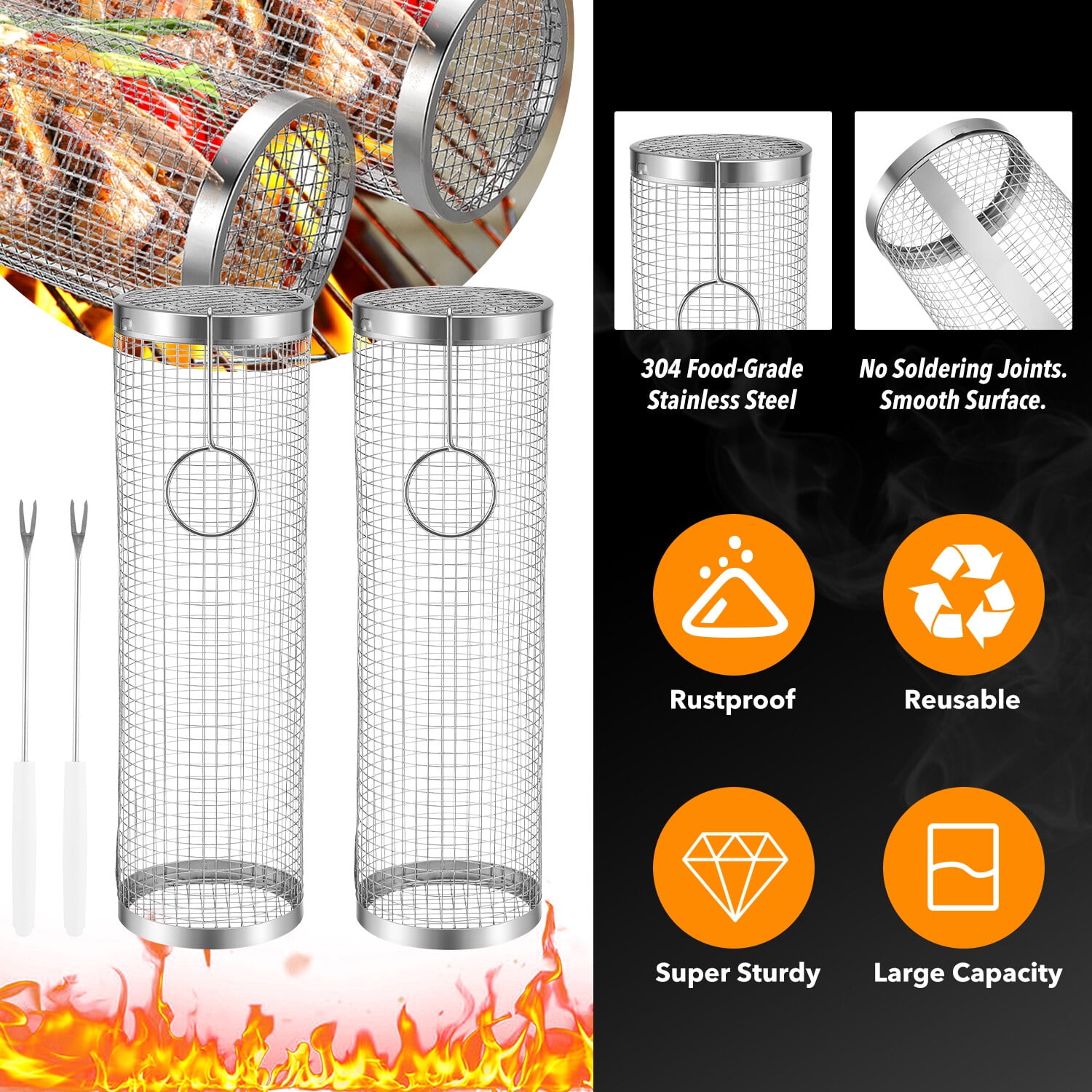 2 Pack Rolling Grilling Basket, Oyajia Stainless Barbeque Grill ...