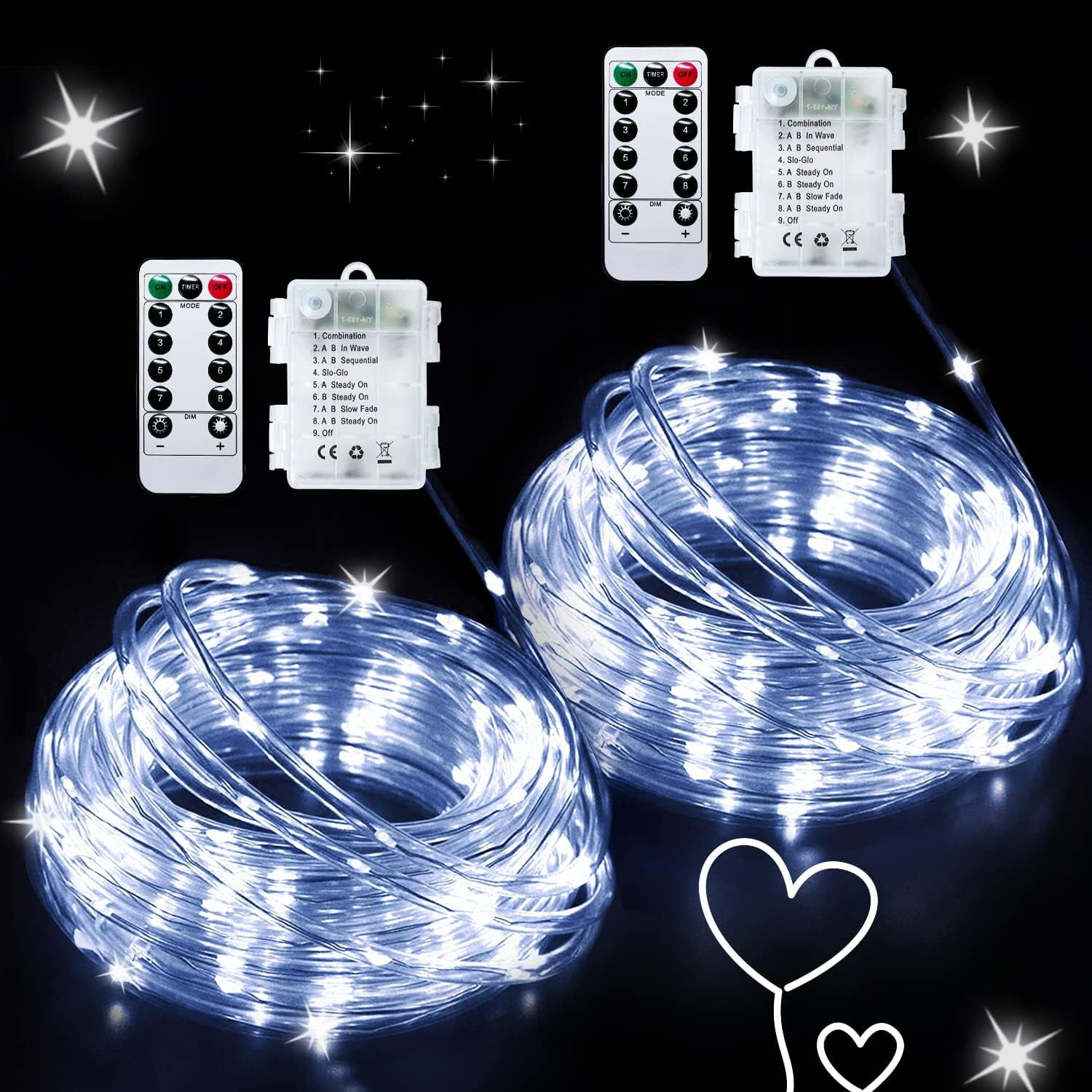 2 Pack Rope Lights Battery Operated String Lights Outdoor Waterproof ...