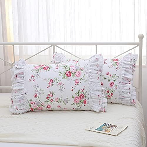 2-Pack Rose Floral Print Pillow Shams with Lace Ruffles Shabby Chic ...