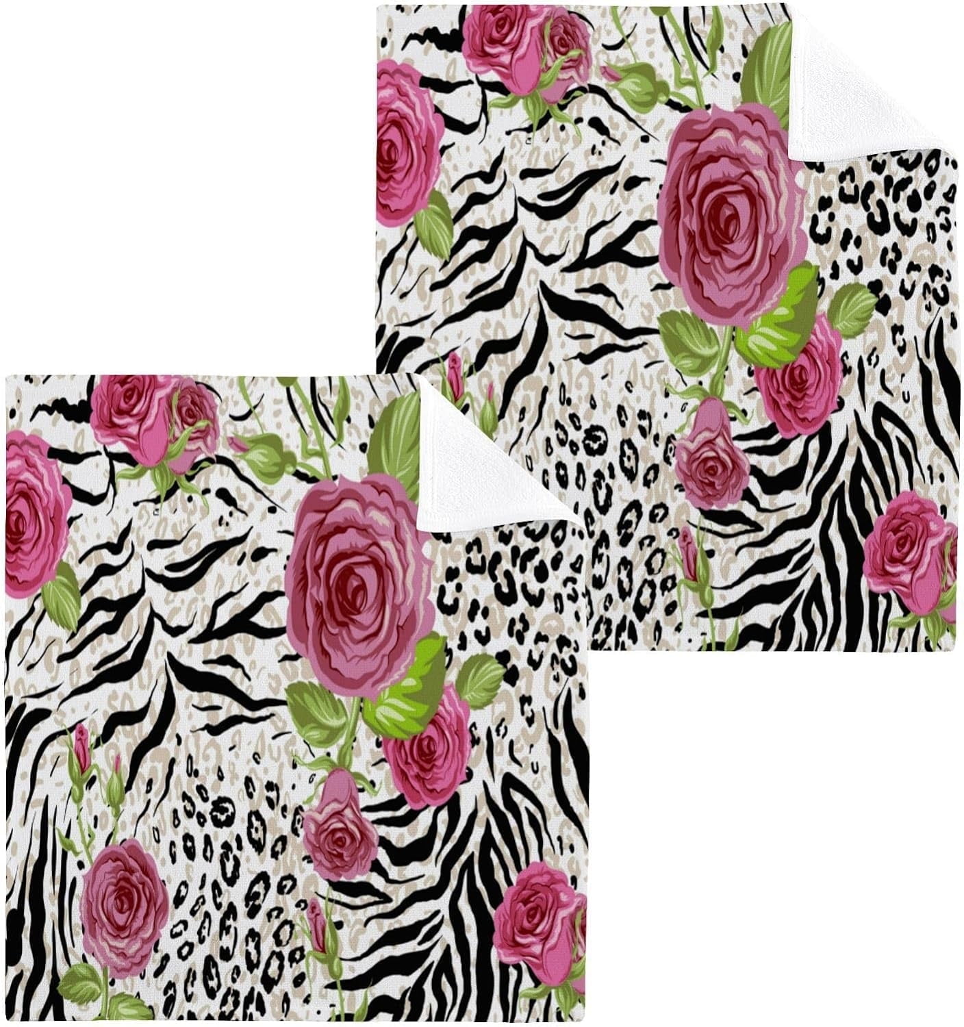 2 Pack Rose Leopard Print Pure Cotton Washcloths 12 x 12 Inch Reusable ...