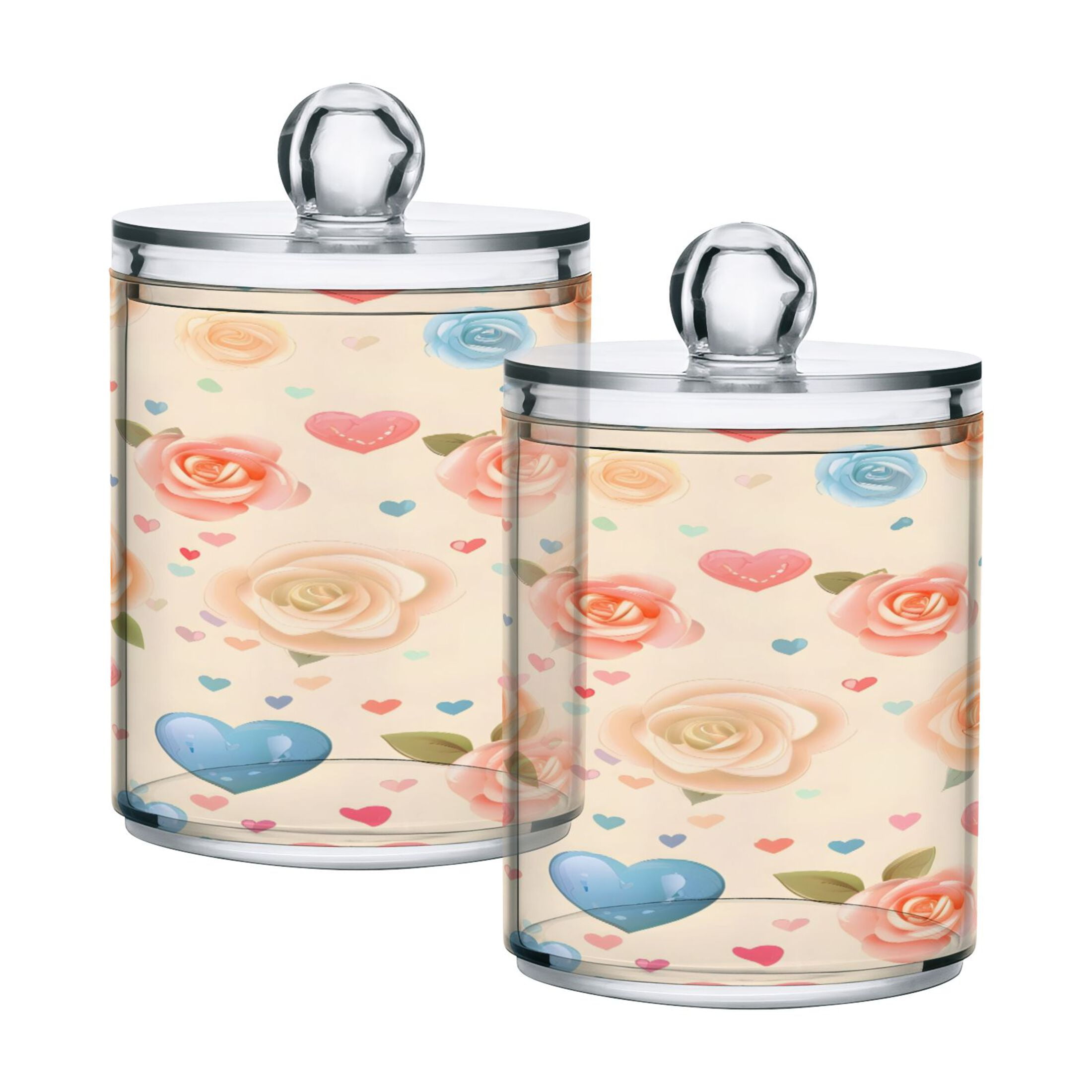 2 Pack Roses and Heart Qtip Holder Dispenser Clear Plastic Storage Apothecary Jars for Cotton ...