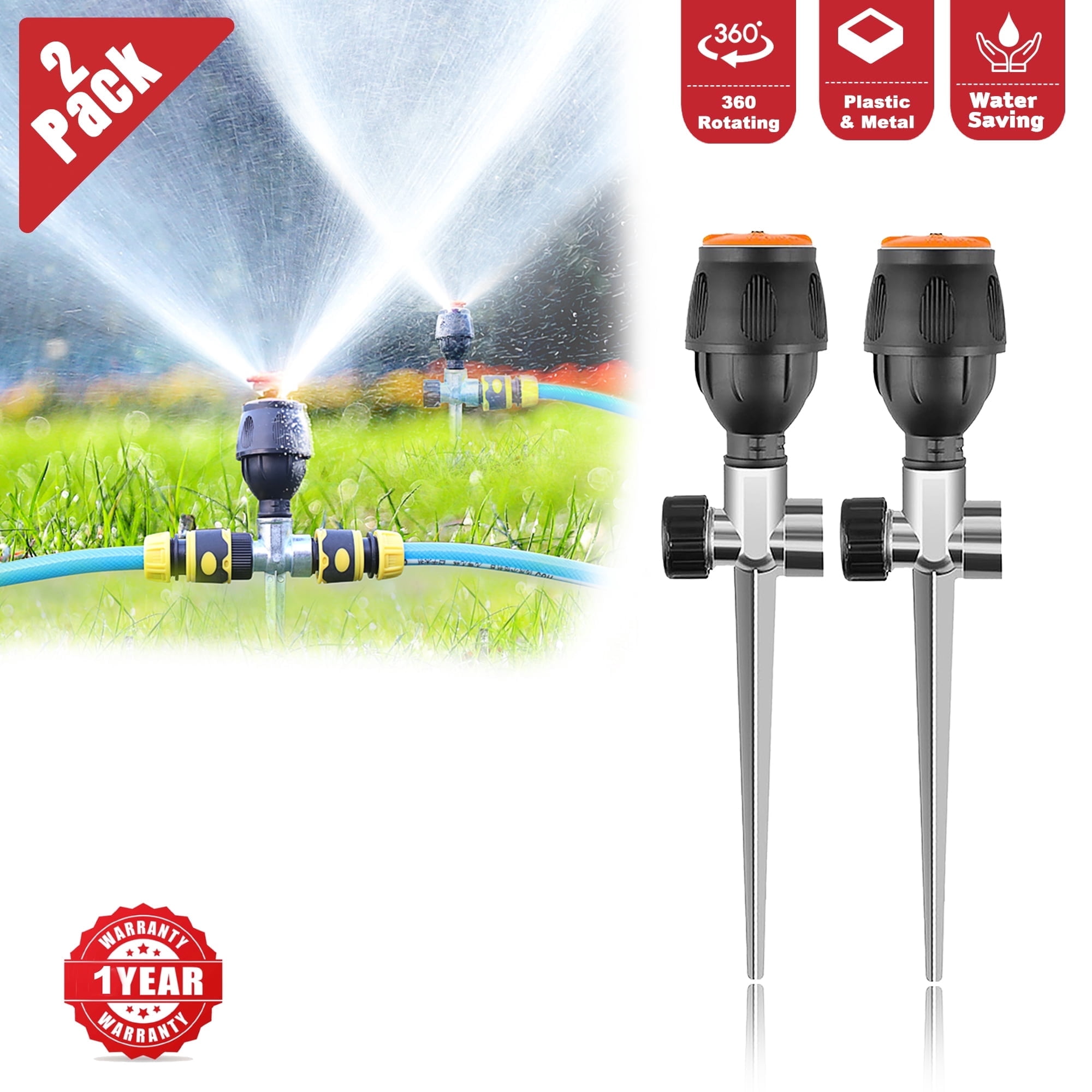 2 Pack Lawn and Garden Sprinklers, Gear Drive Rotating 360° Automatic ...